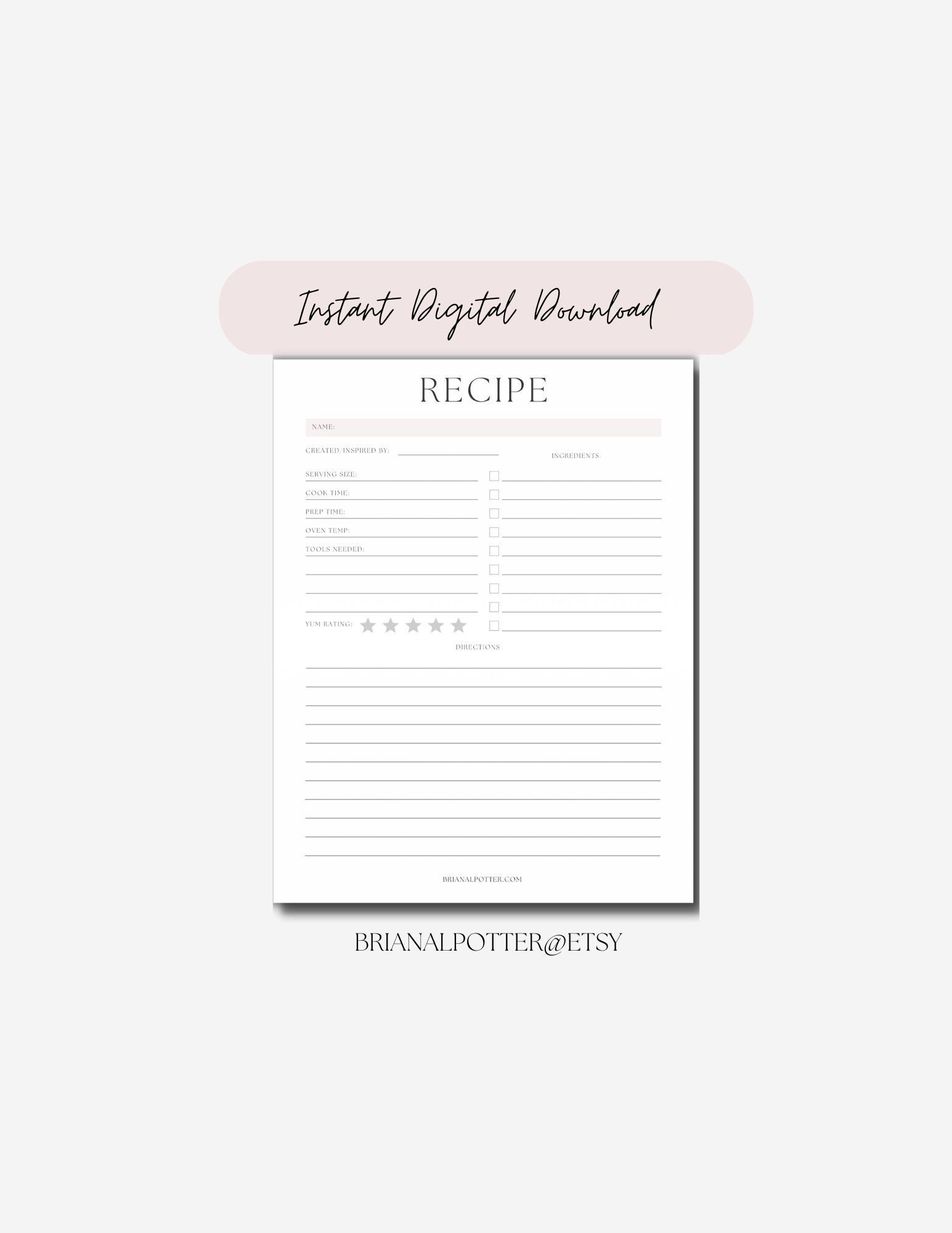 Printable Recipe Card, Recipe Template, Minimal Sheet Template, Recipe ...