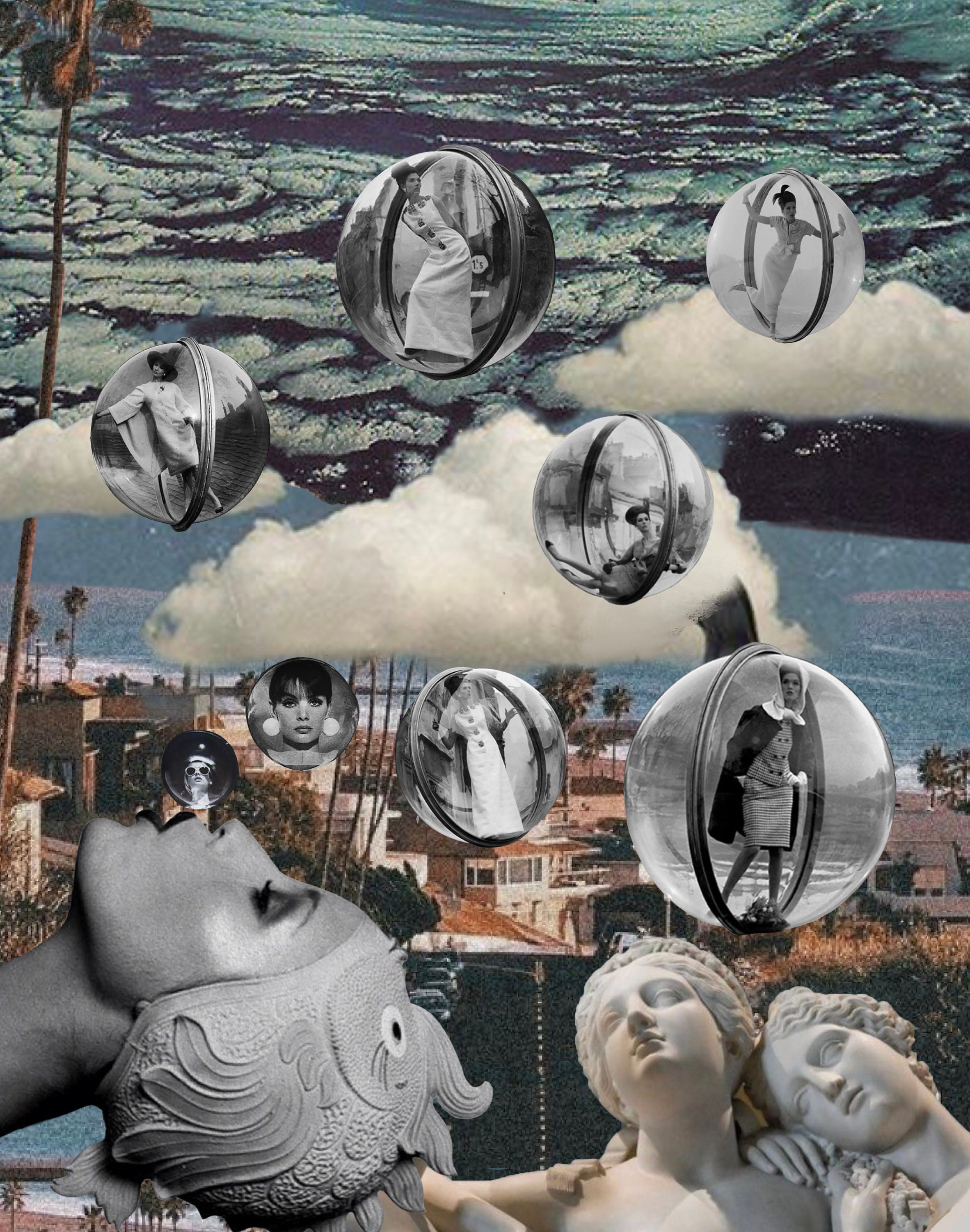 Digital Retro Collage - "bubbles", Printable Digital Collage, Surreal ...