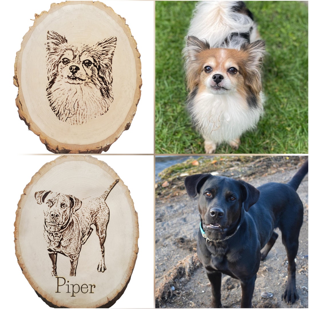 Laser-engraved Custom Pet Portraits on Live Edge Wood Rounds - Etsy