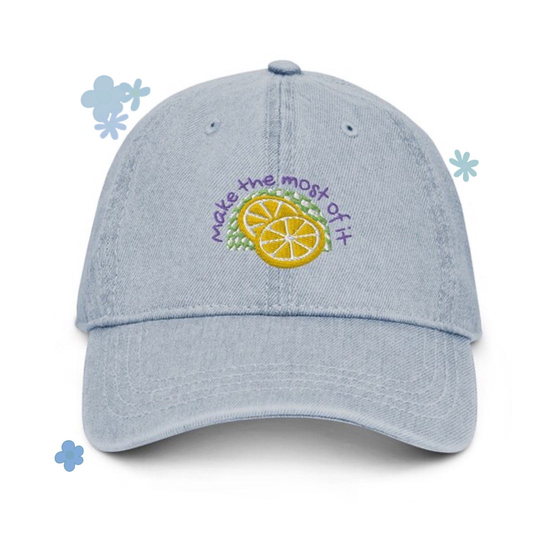 Unisex Embroidered Checker Print Lemon Denim Hat, Lemon Hat, Lemon Dad ...