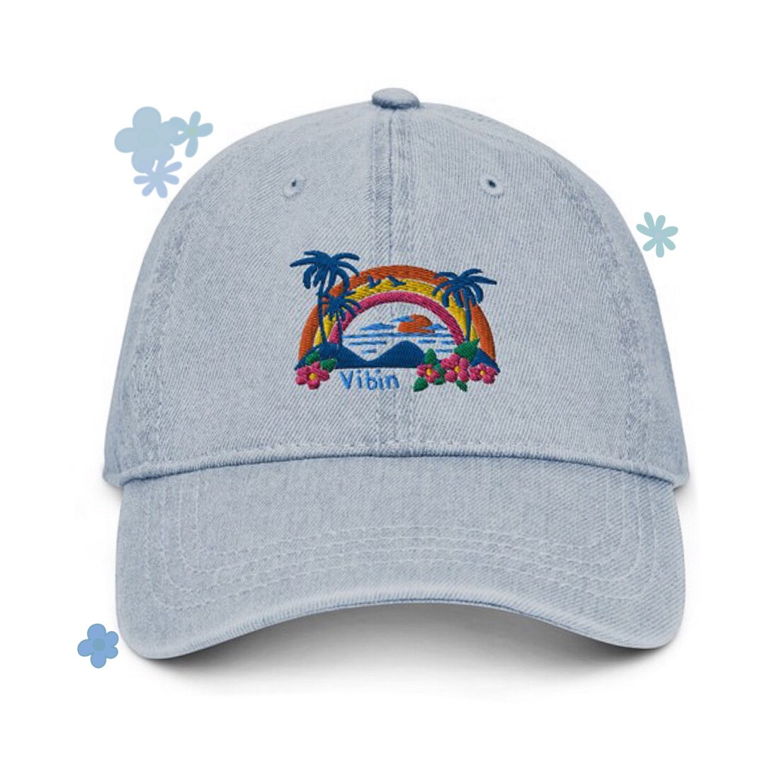 Embroidered Vibin Palm Tree Rainbow Beach Denim Hat, Beach Hat, Palm ...