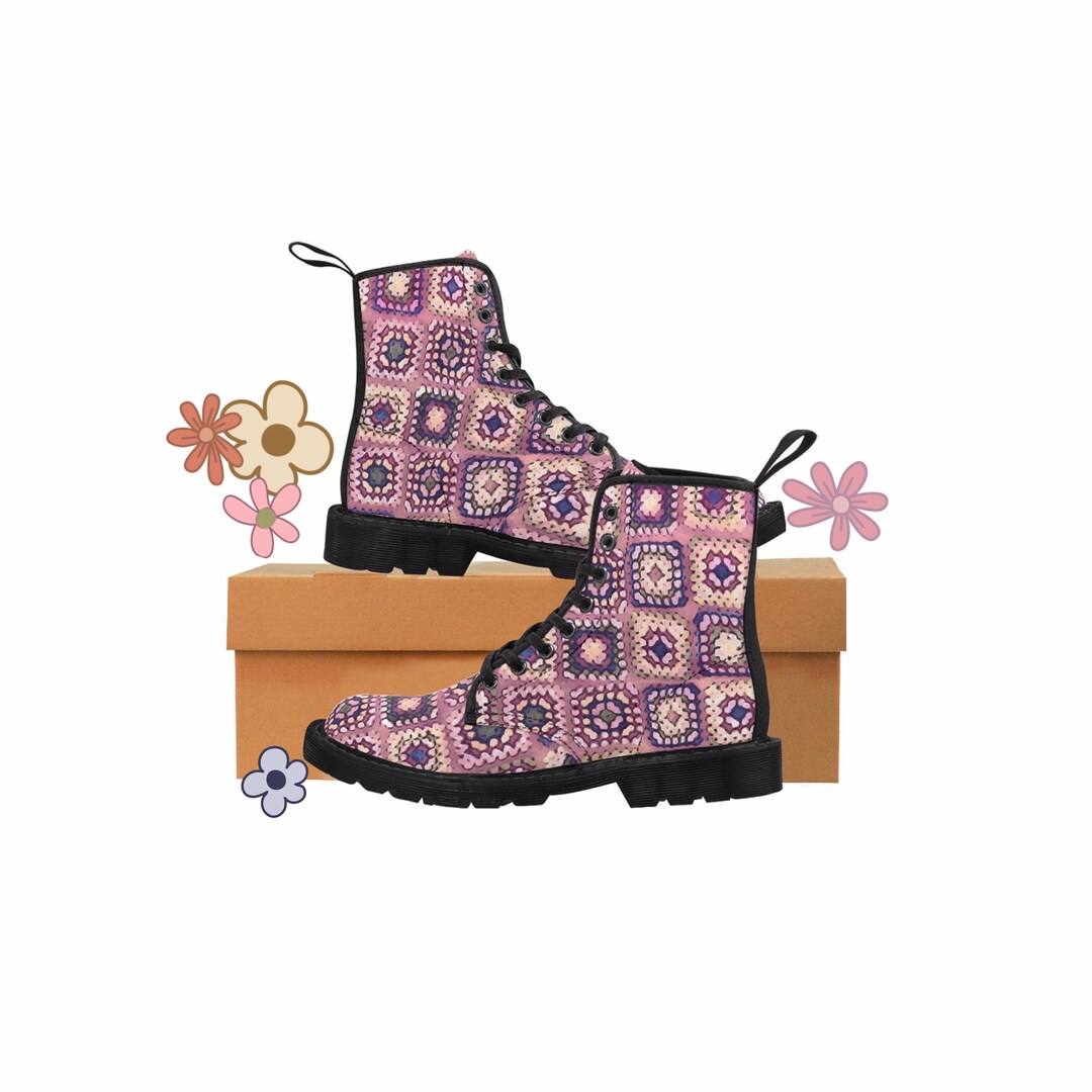 Women's Pink Printed Crochet Granny Square Canvas Boots - Etsy