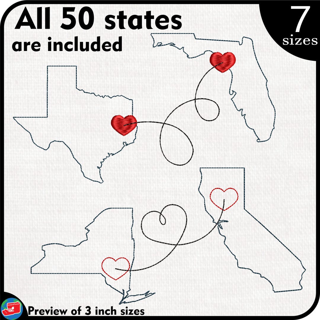 Outline With Love From State to State - Designs for Embroidery Machine ...