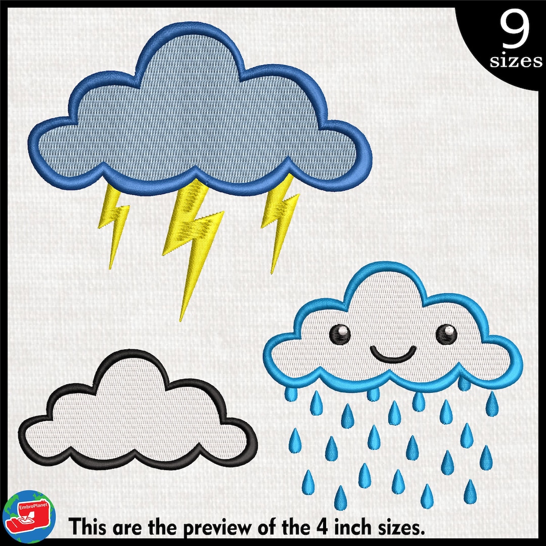Cloud Embroidery Designs: Lightning, Rain, Smile (digital Download) - Etsy