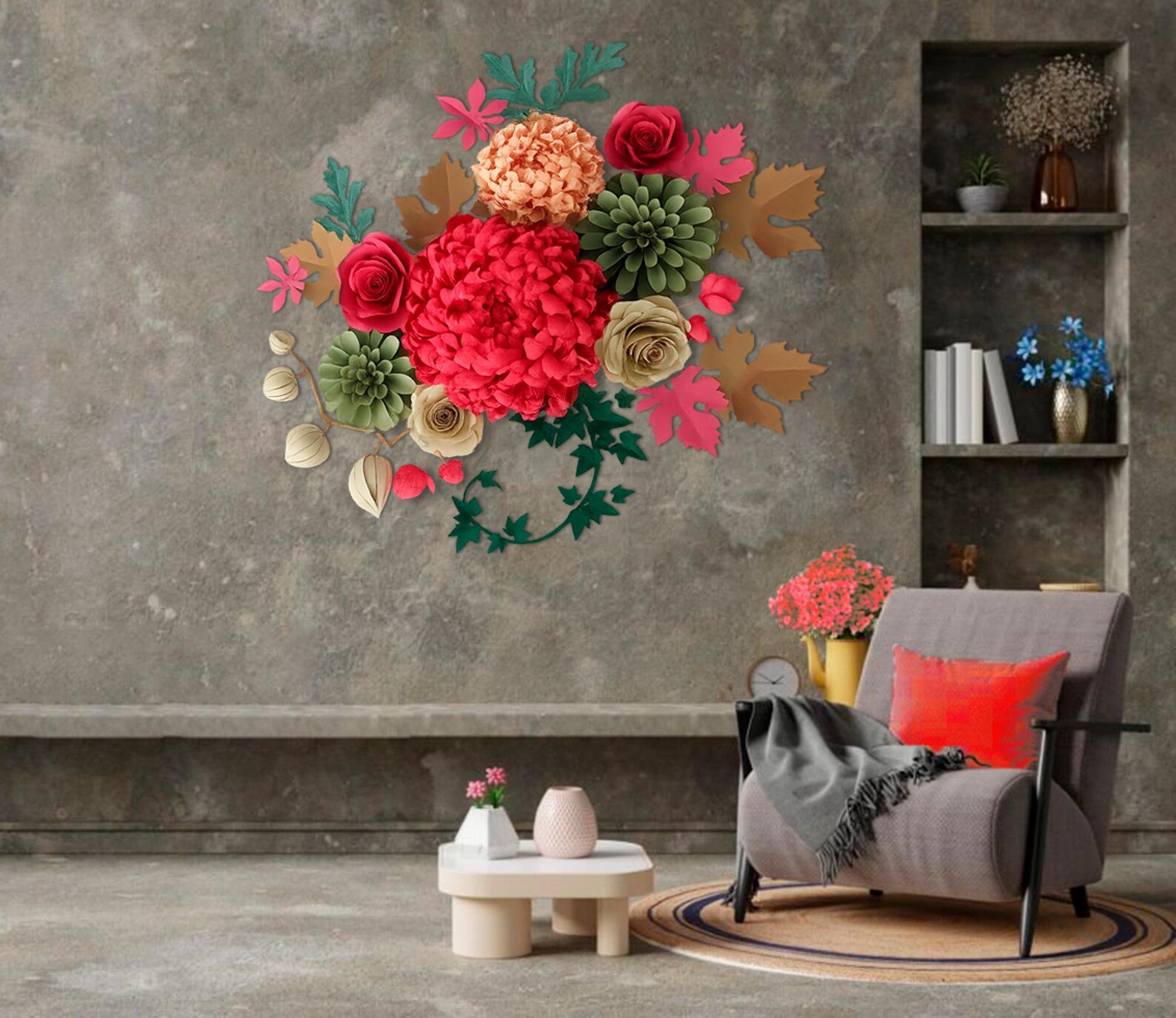 Crepe Paper Flower Set: Autumn Wall Decor, Red Beige Green - Etsy