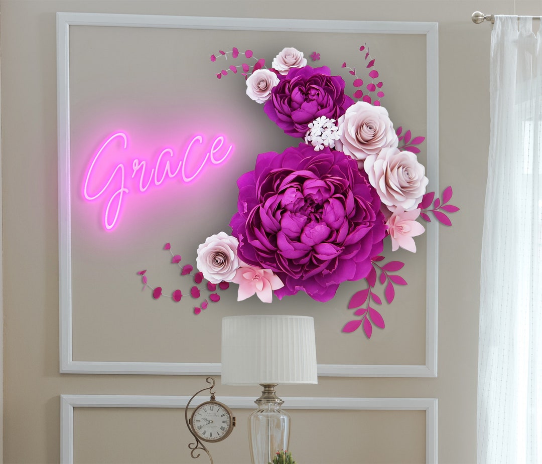 Neon Sign Custom Name With Paper Flowers for Wall Decor, Baby Nursery ...