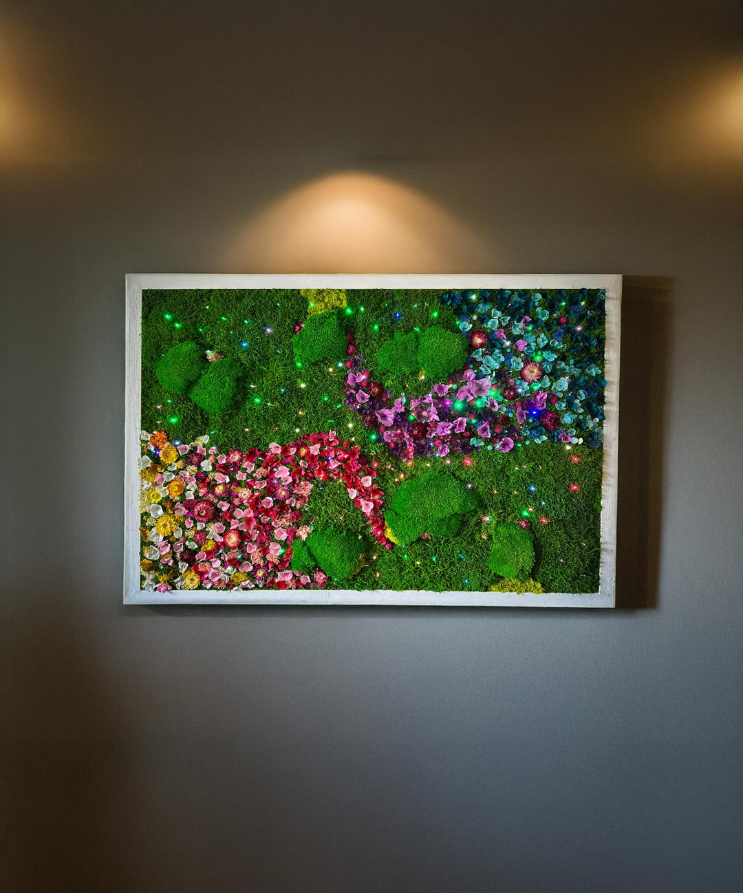 Handmade Large Preserved Moss Wall Art With Led Light and Flowers ...