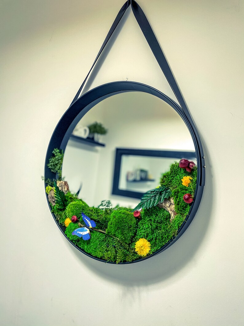 Large Round Moss Wall Mirror: Black Frame, Leather Strap (50cm) - Etsy UK