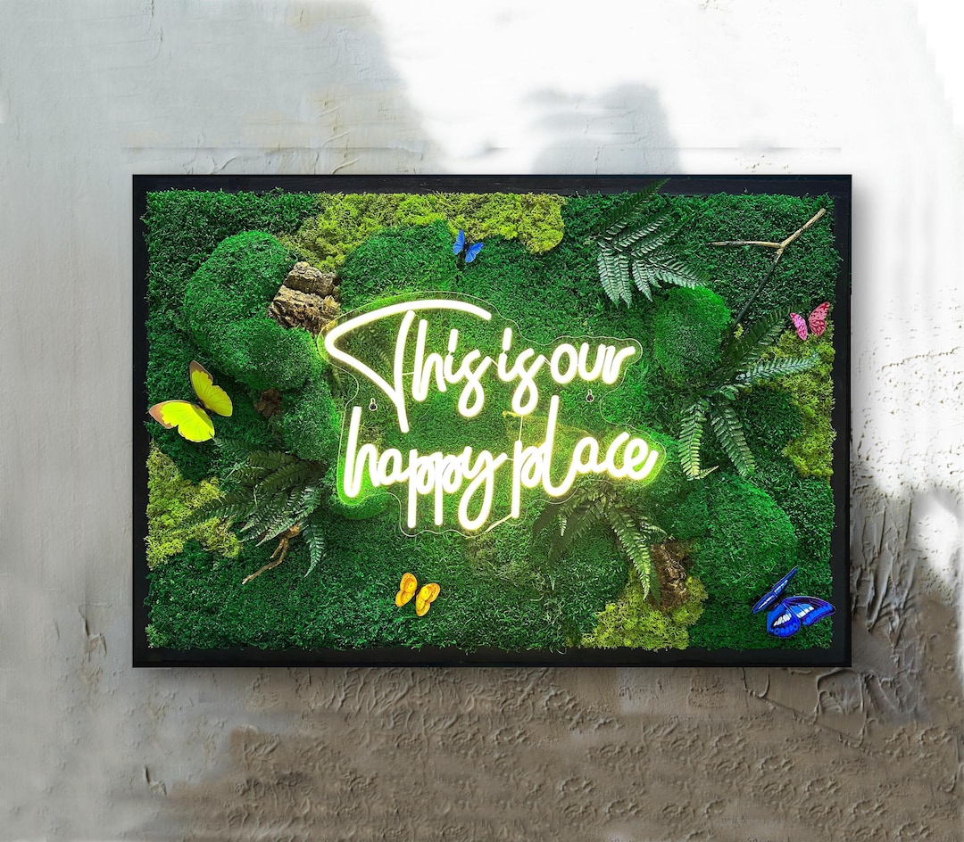 Moss Wall Art With Neon Sign, Preserved Moss Art Framed, Living Moss ...