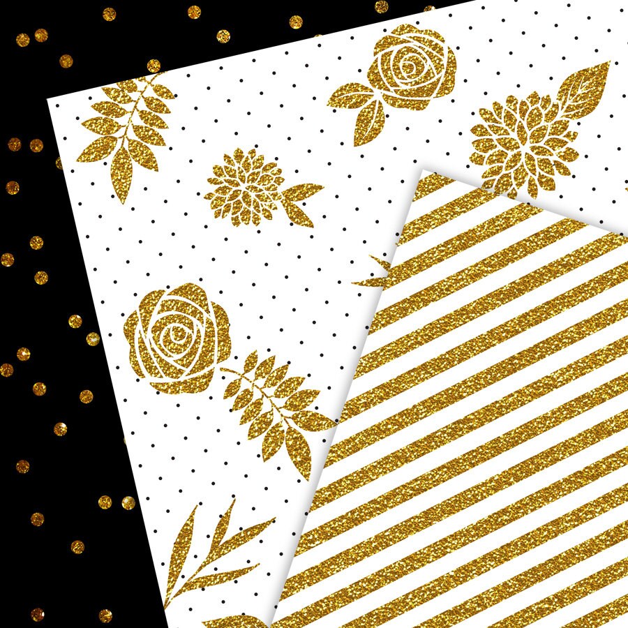 Black, White and Gold Glitter Digital Paper Pack; Sparkling Digital ...