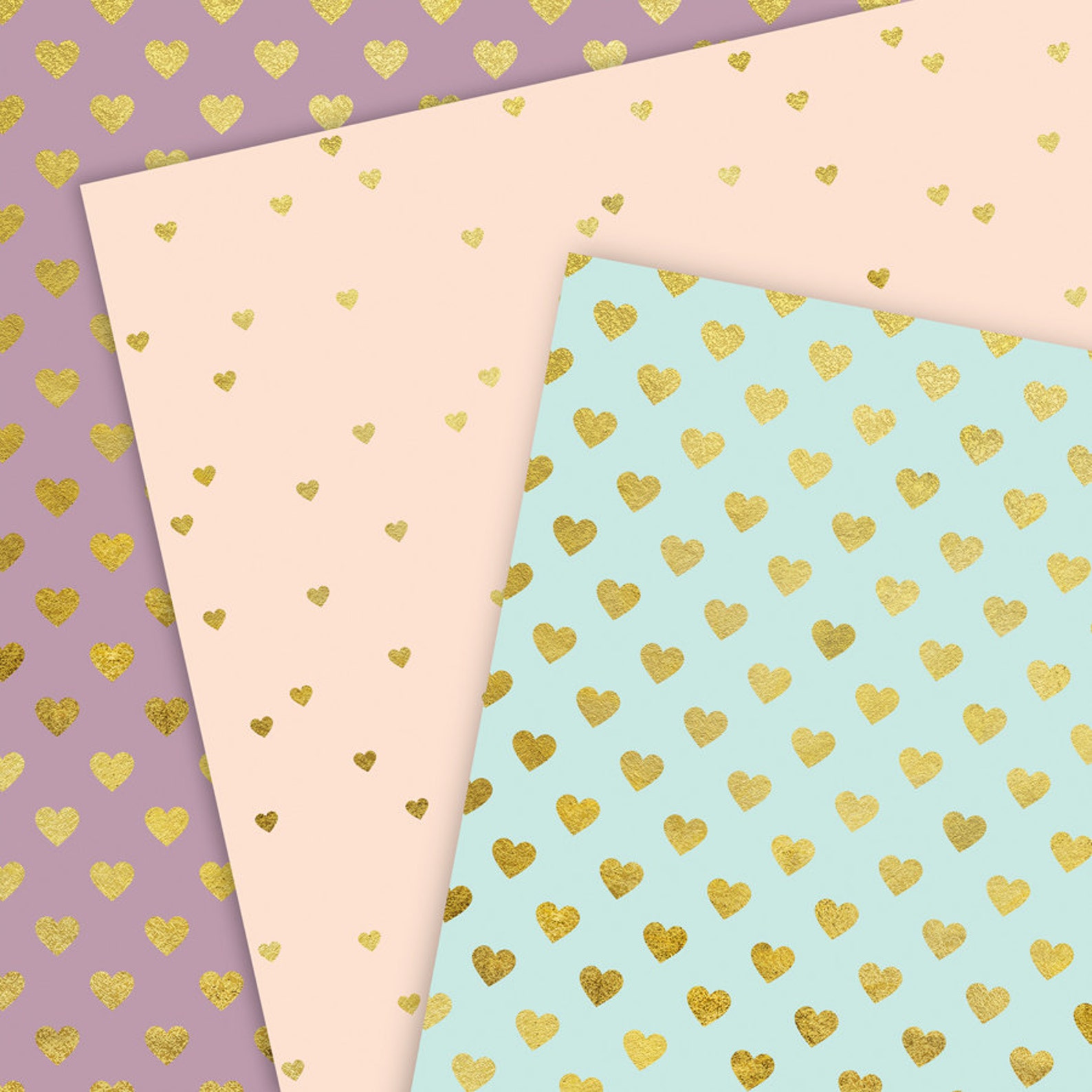 Gold Hearts Digital Papers; Valentine Digital Patterns; Pastel ...