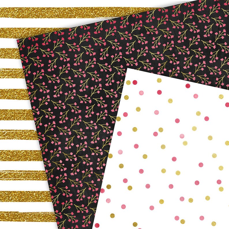 Pink and Gold Digital Paper Pack; Digital Patterns; Watercolor Flowers ...