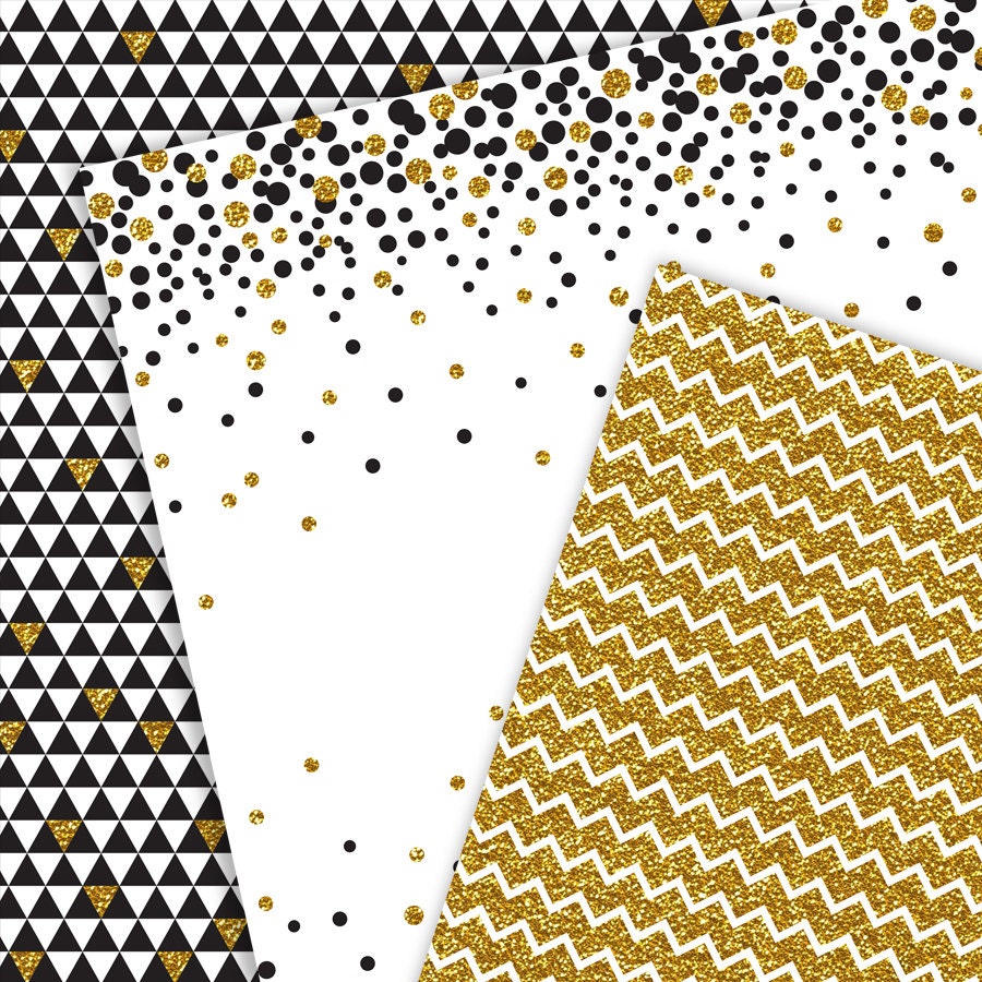Black, White and Gold Glitter Digital Paper Pack; Sparkling Digital ...