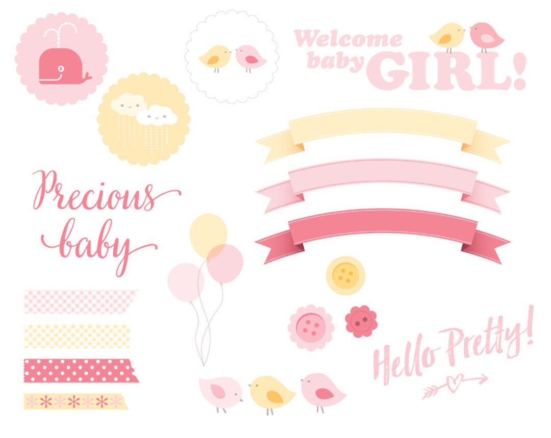 Baby Girl Digital Clipart; Baby Journal Elements; Balloons, Birds ...