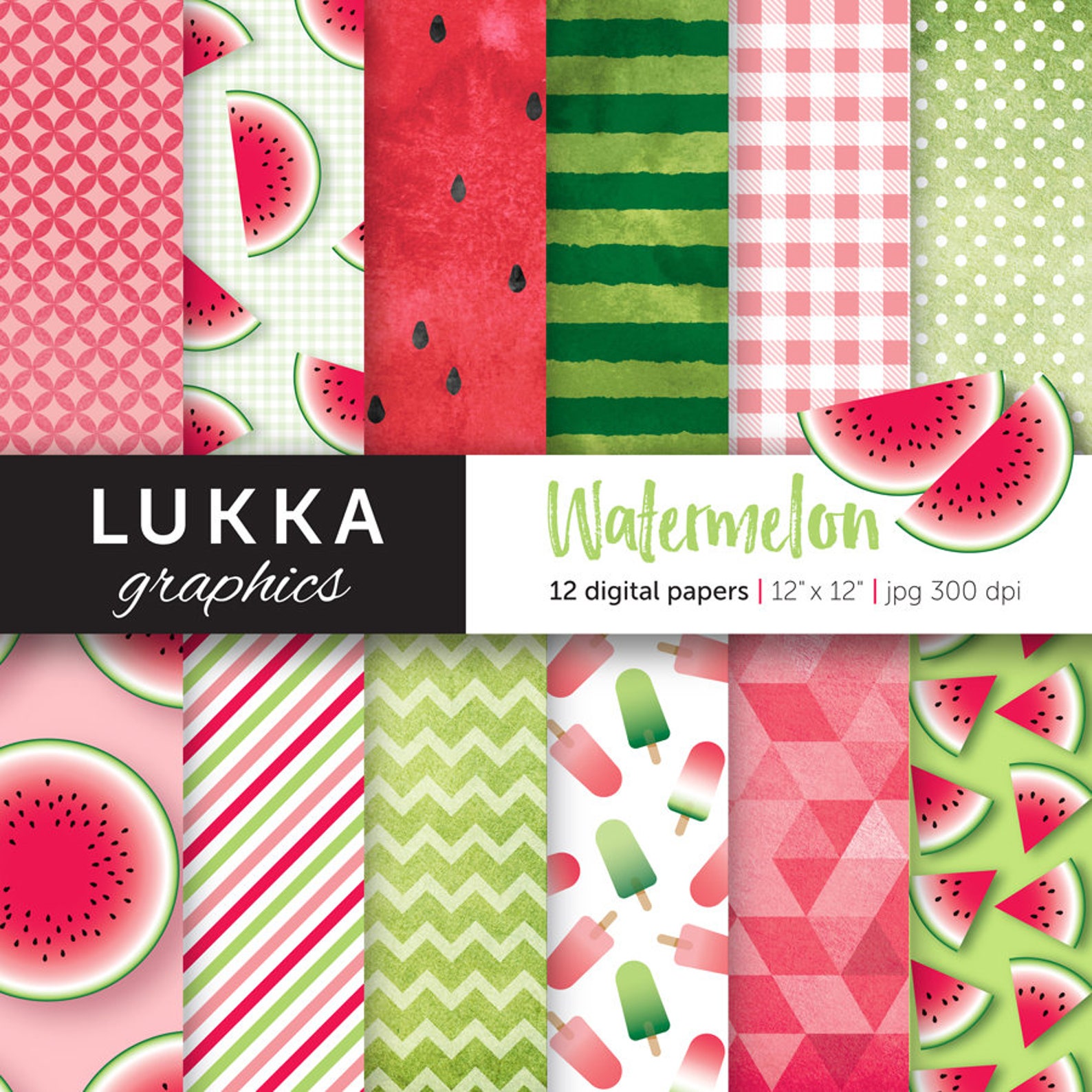 Watermelon Digital Paper Pack: Summer Patterns (12"x12" JPEG) (digital ...