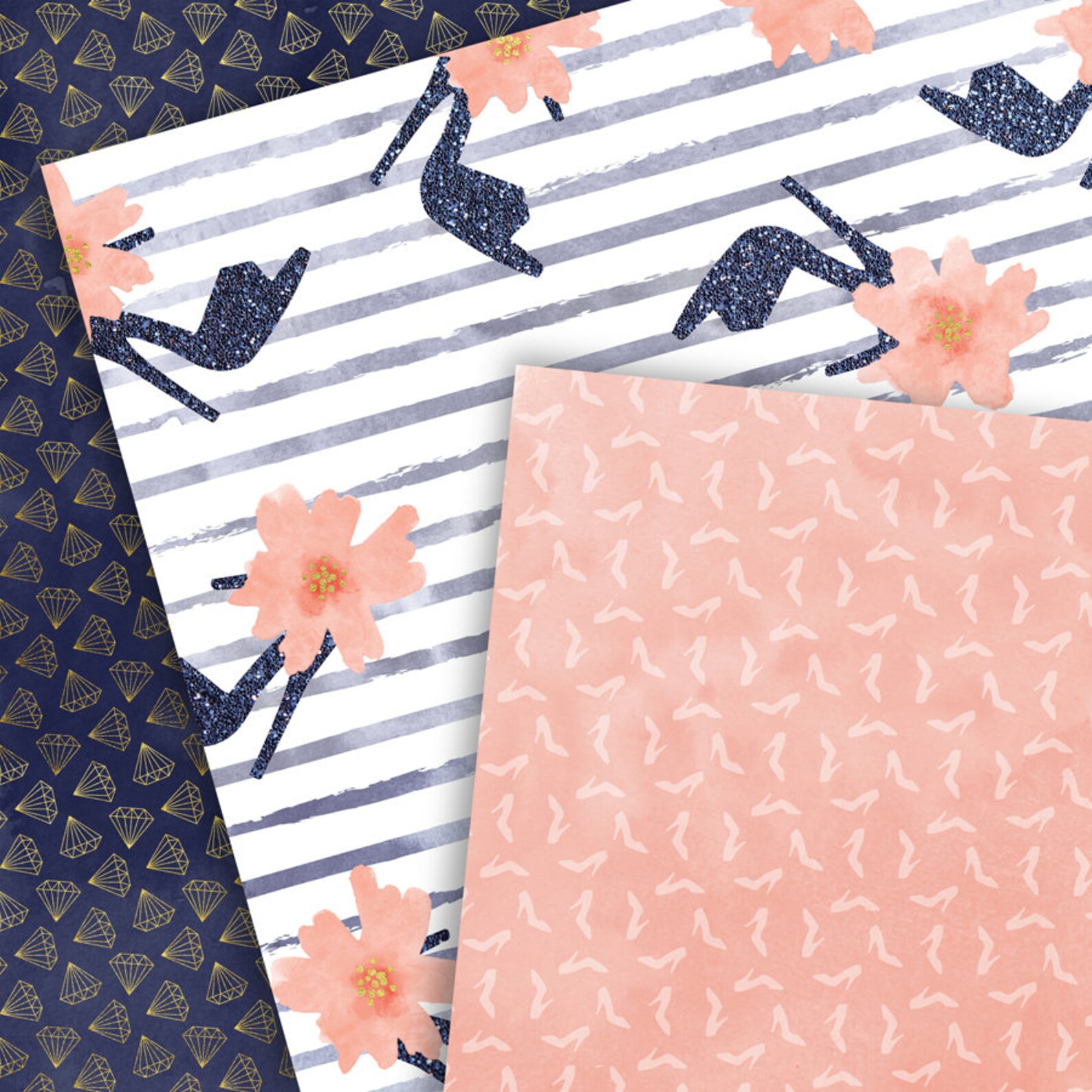Navy and Peach Digital Paper Pack; Digital Patterns; Watercolor ...