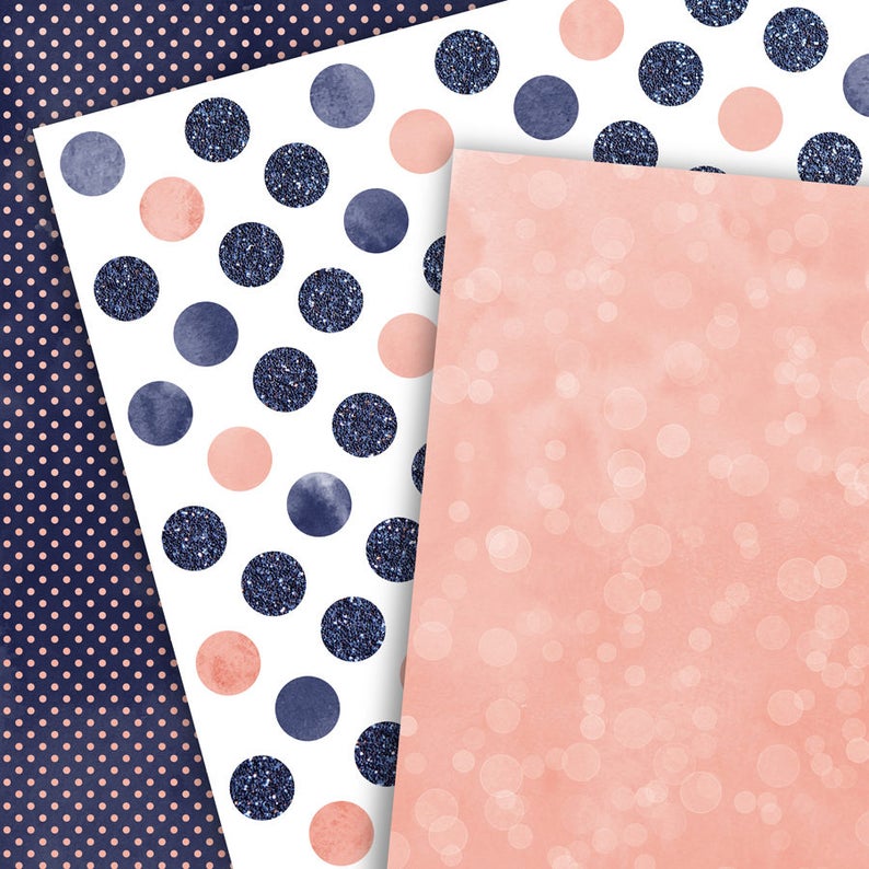 Navy and Peach Digital Paper Pack; Digital Patterns; Watercolor ...