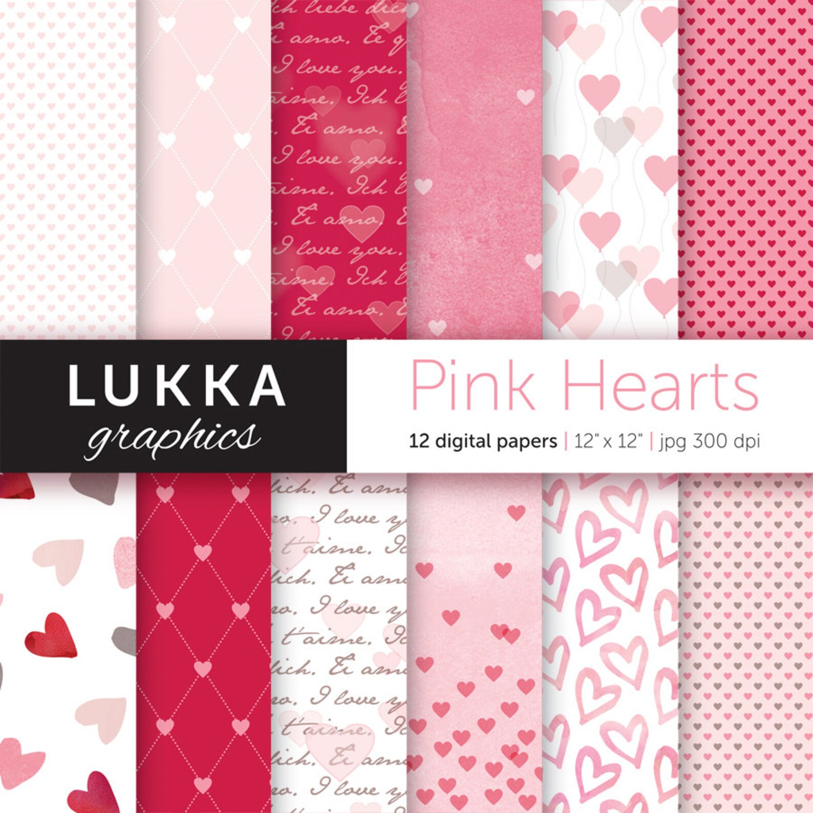 Hearts Digital Papers; Valentine Digital Patterns; Pink Hearts Pattern ...