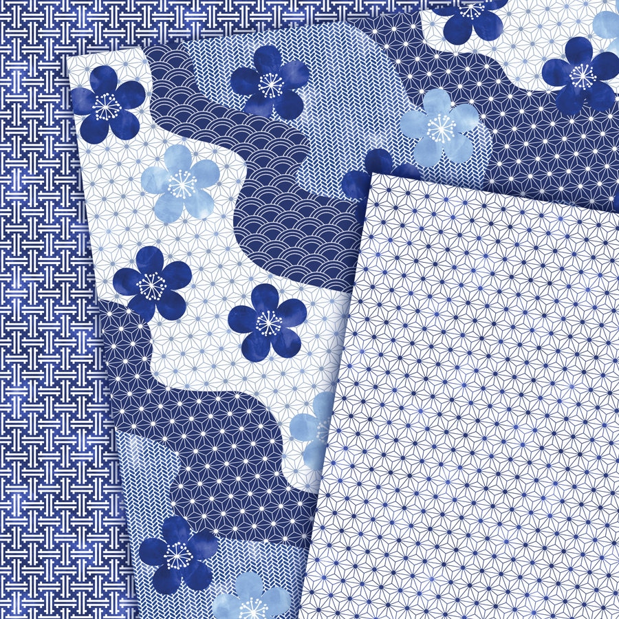 Indigo Blue Digital Paper Pack; Japanese Inspired Digital Patterns ...