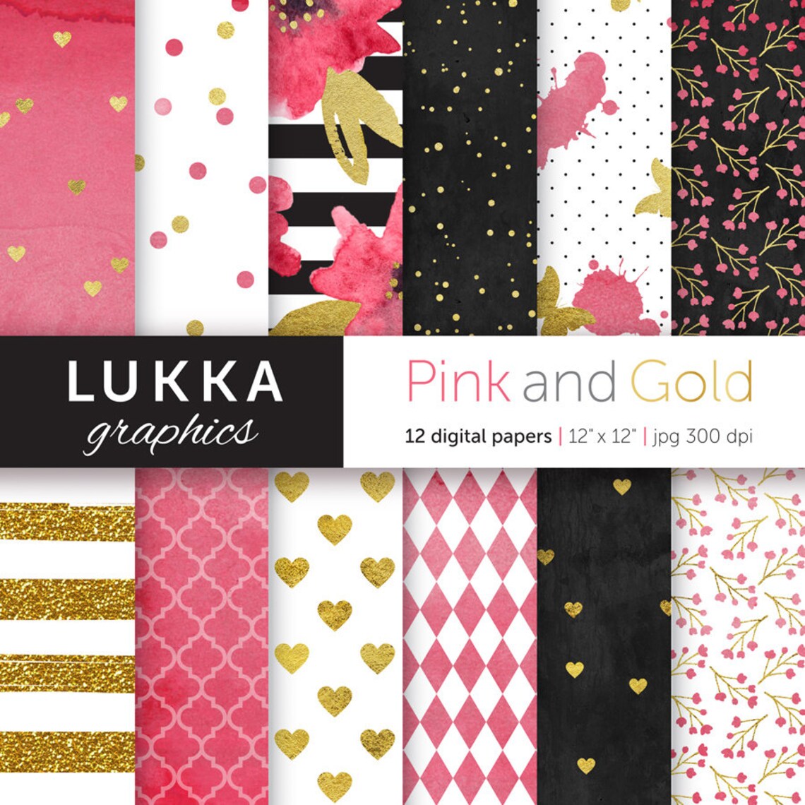 Pink and Gold Digital Paper Pack Digital Patterns Watercolor Flowers ...