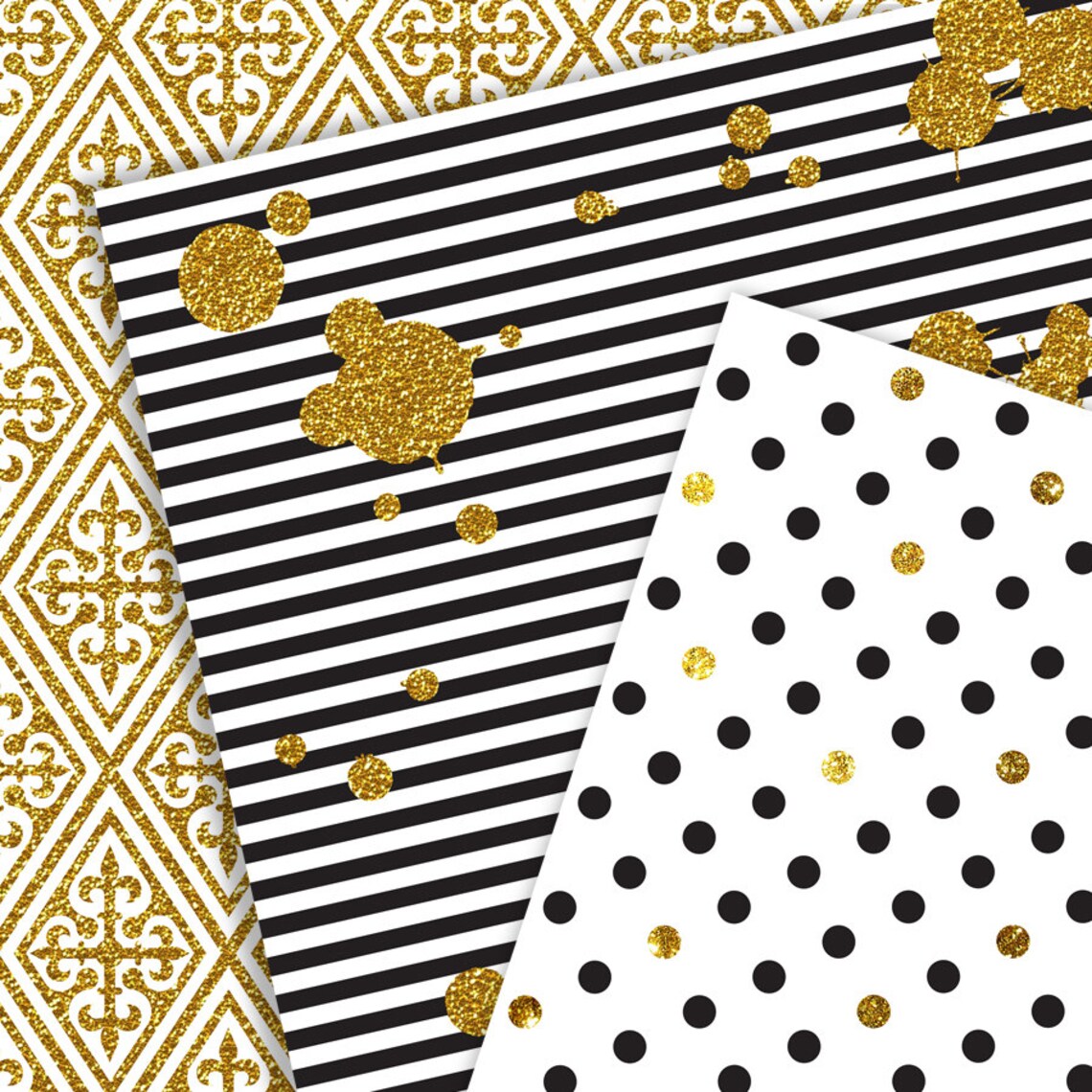 Black, White and Gold Glitter Digital Paper Pack; Sparkling Digital ...
