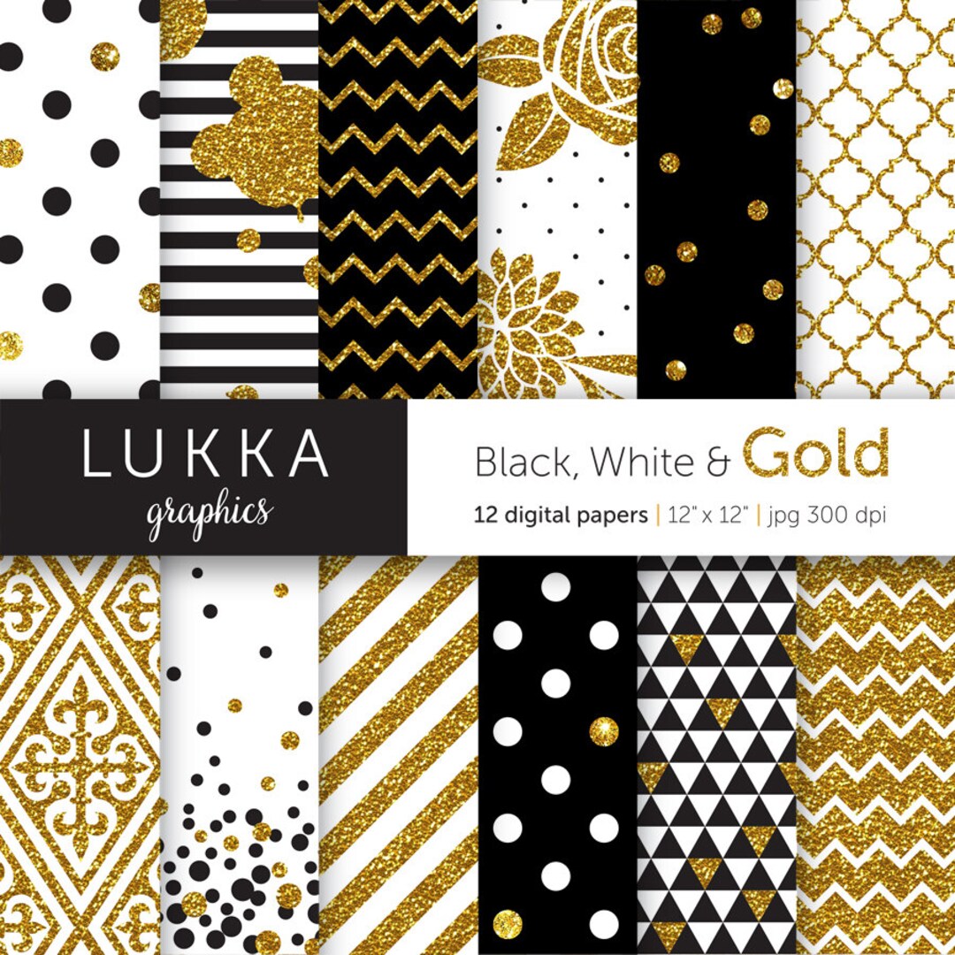 Black, White and Gold Glitter Digital Paper Pack; Sparkling Digital ...