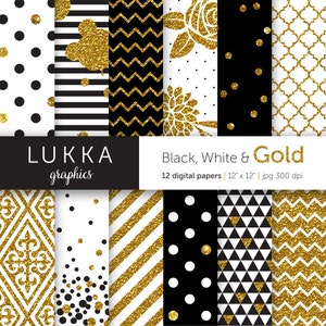 Black, White and Gold Glitter Digital Paper Pack; Sparkling Digital ...