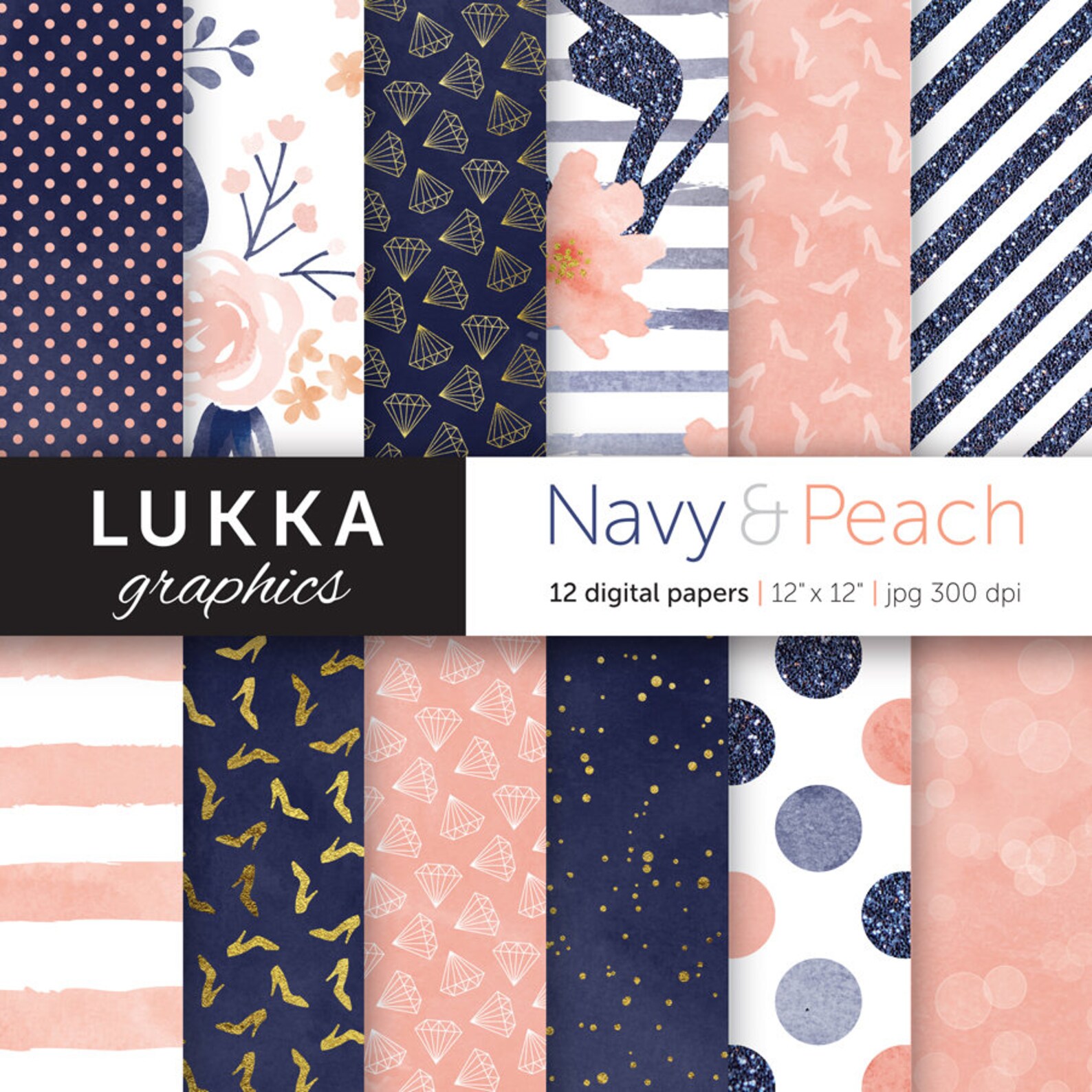 Navy and Peach Digital Paper Pack; Digital Patterns; Watercolor ...