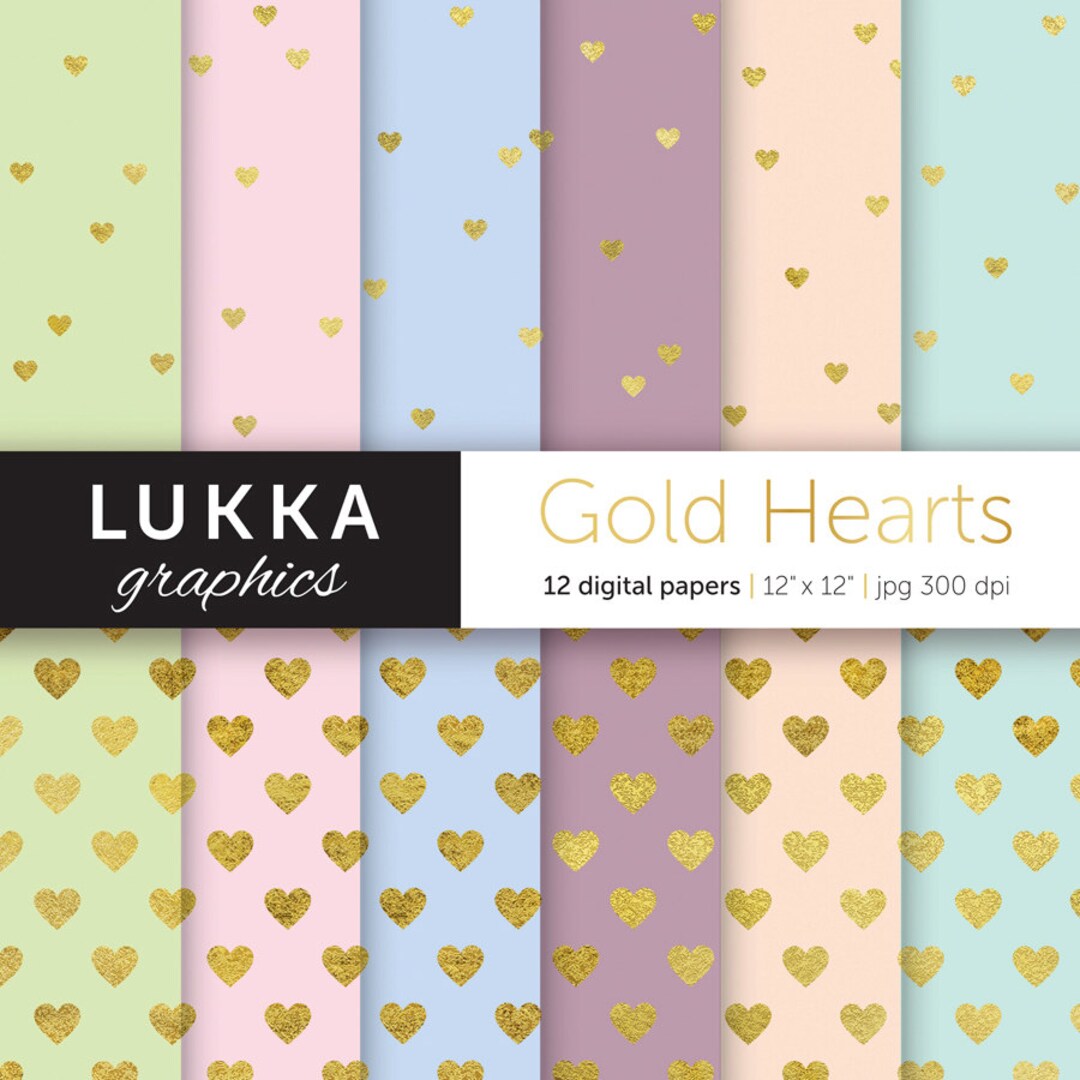 Gold Hearts Digital Papers; Valentine Digital Patterns; Pastel ...