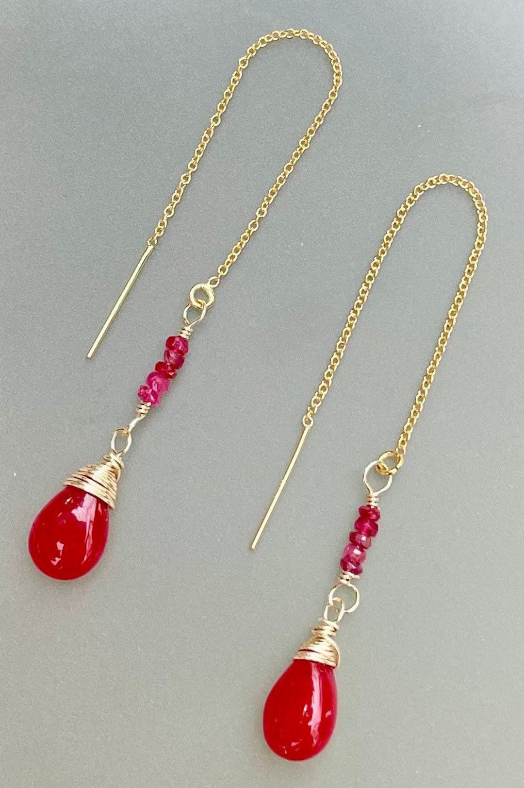 Red Gemstone Earrings, Threader Earrings, 14k Gold Filled. - Etsy