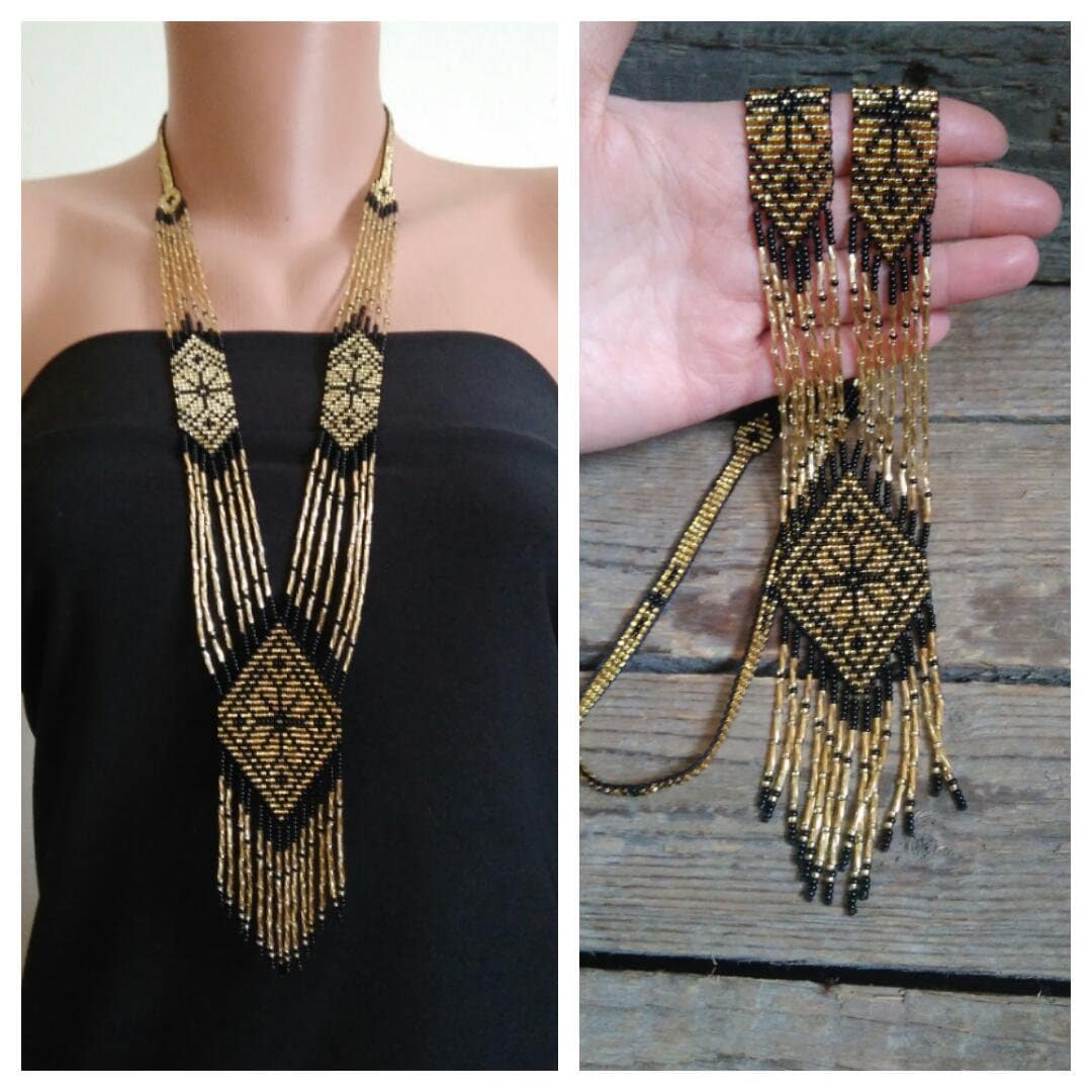 Gold With Black Beaded Necklace, Long Seed Beads Necklace, Gold Long ...