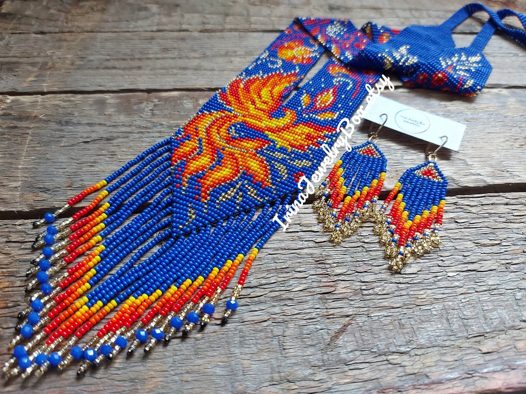 Phoenix Necklace, Fire Bird Necklace, Beaded Necklace, Blue Necklace ...
