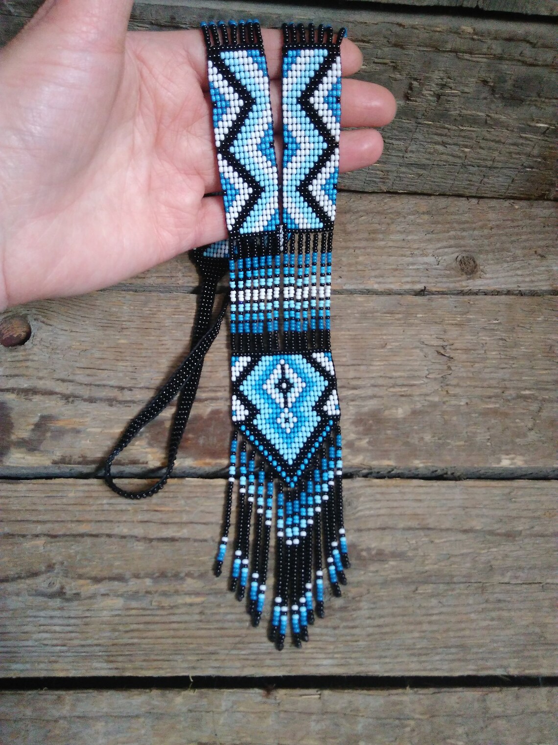 Long Beaded Necklace, Blue/ Green/ Gray/ Red, Boho Bead Loom Necklace ...