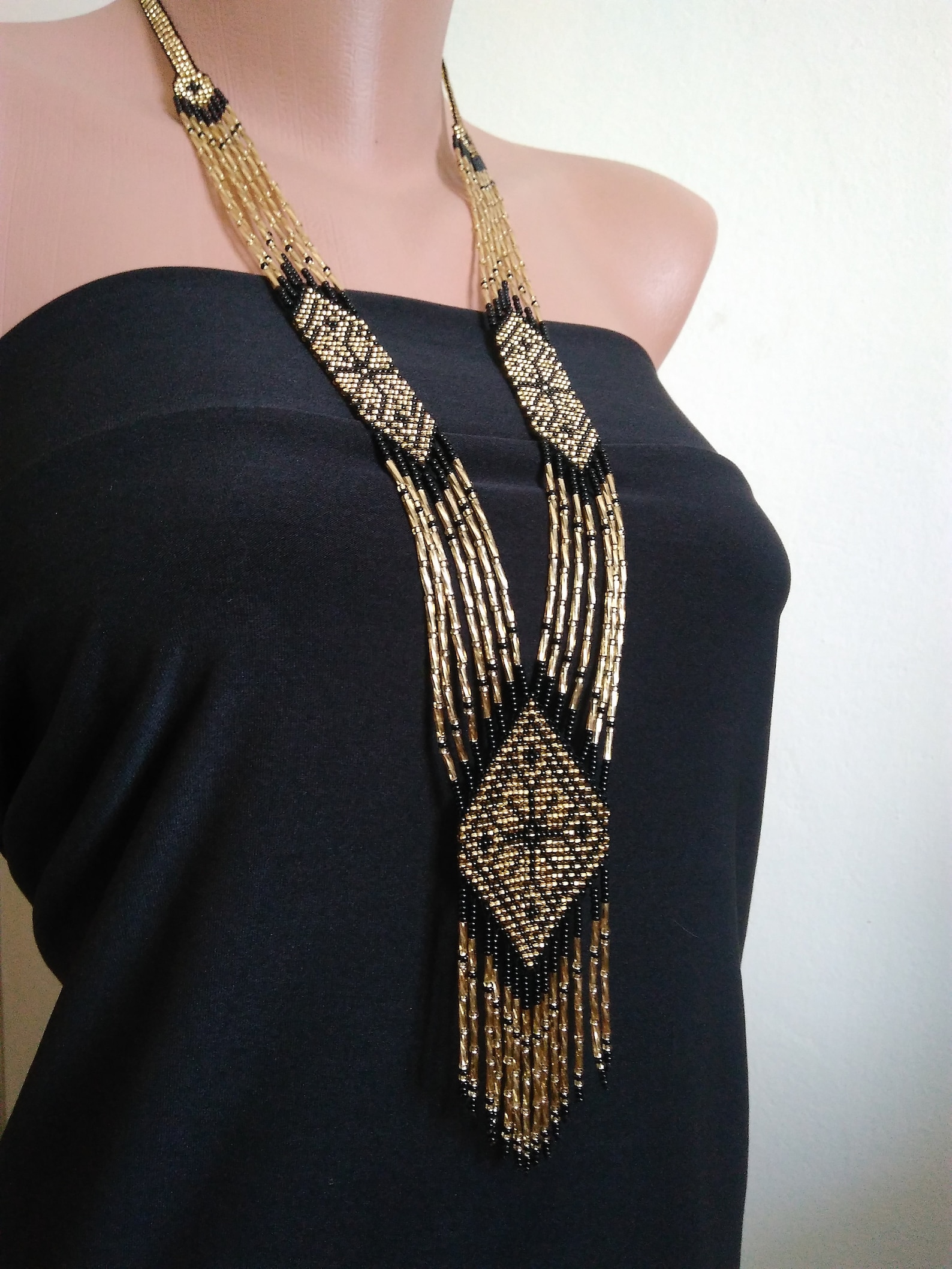 Gold With Black Beaded Necklace Long Seed Beads Necklace | Etsy