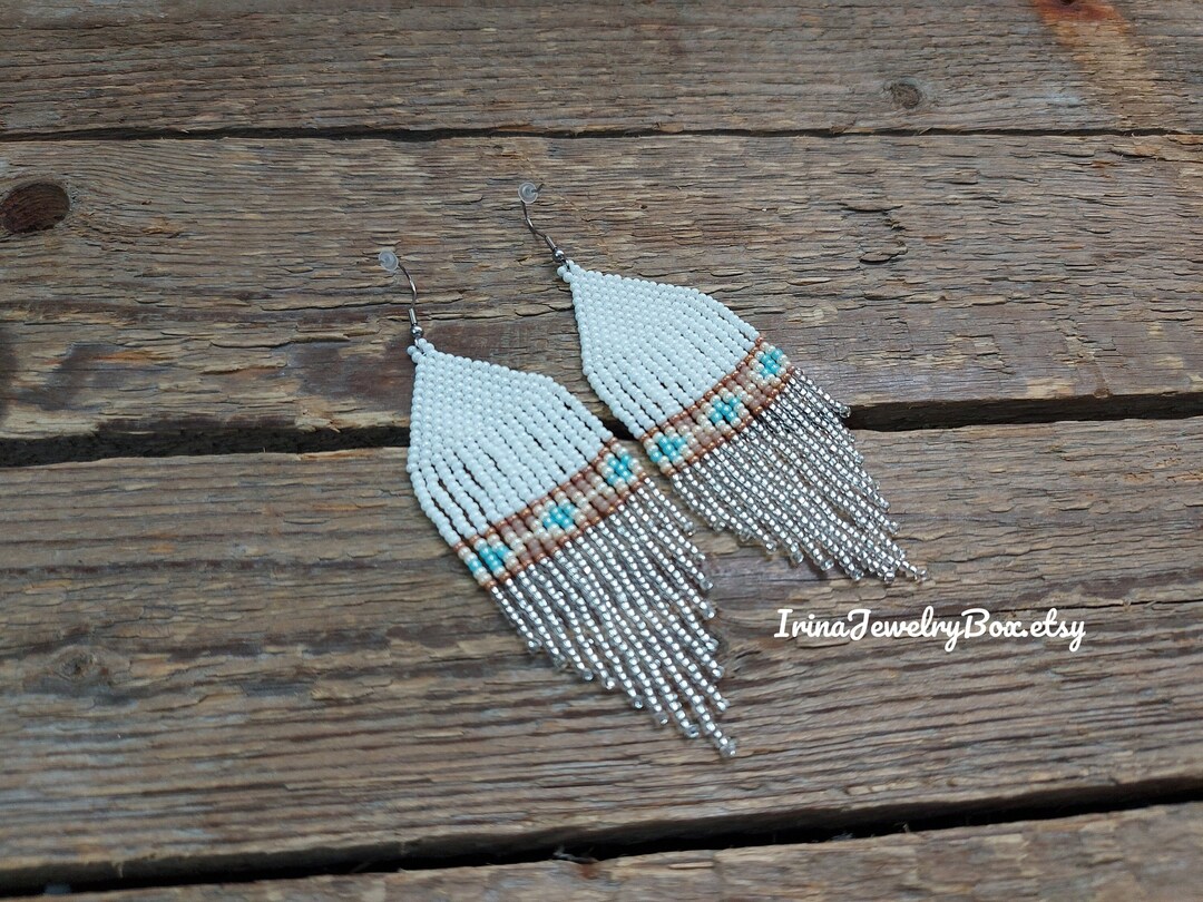 White Beaded Earrings, Pastel Colors Seed Bead Earrings, Ethno Style ...