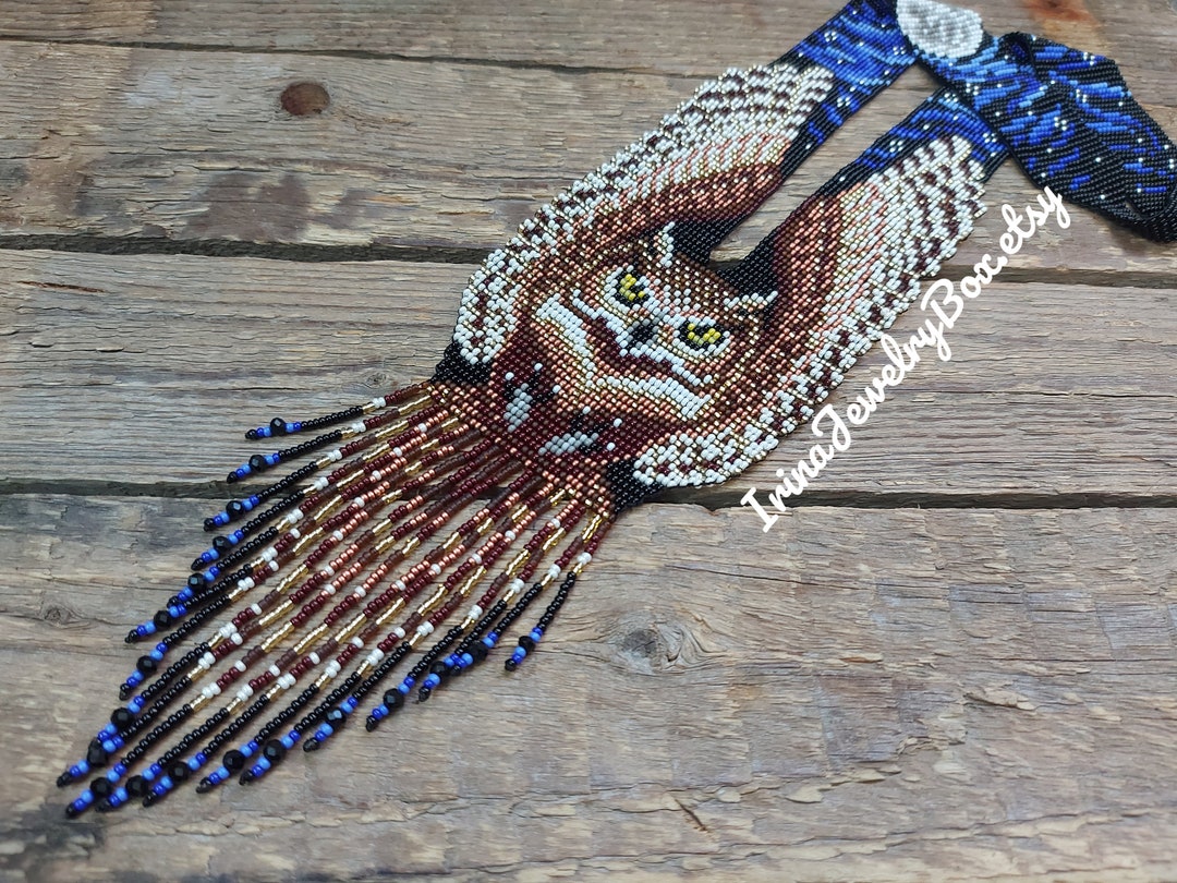 Owl Beaded Necklace, Night/ Moon/ Owl Necklace, Long Seed Bead Necklace ...