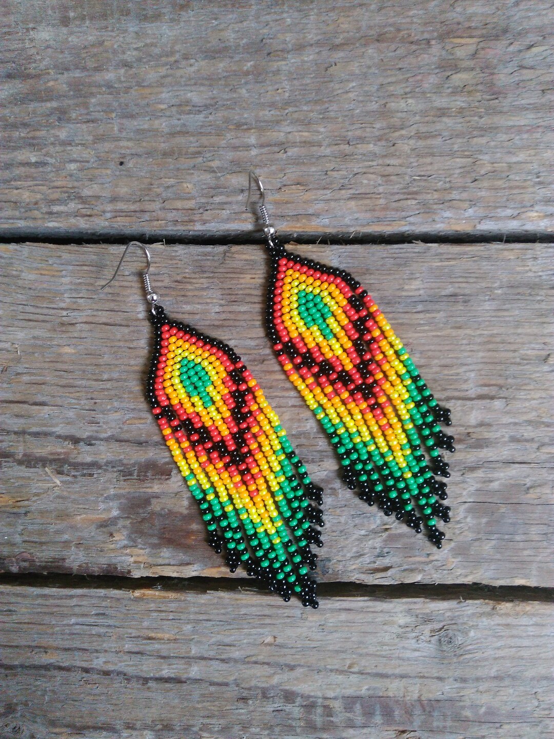 Bright Beaded Earrings, Long Seed Beads Earrings, Green - Red - Yellow ...