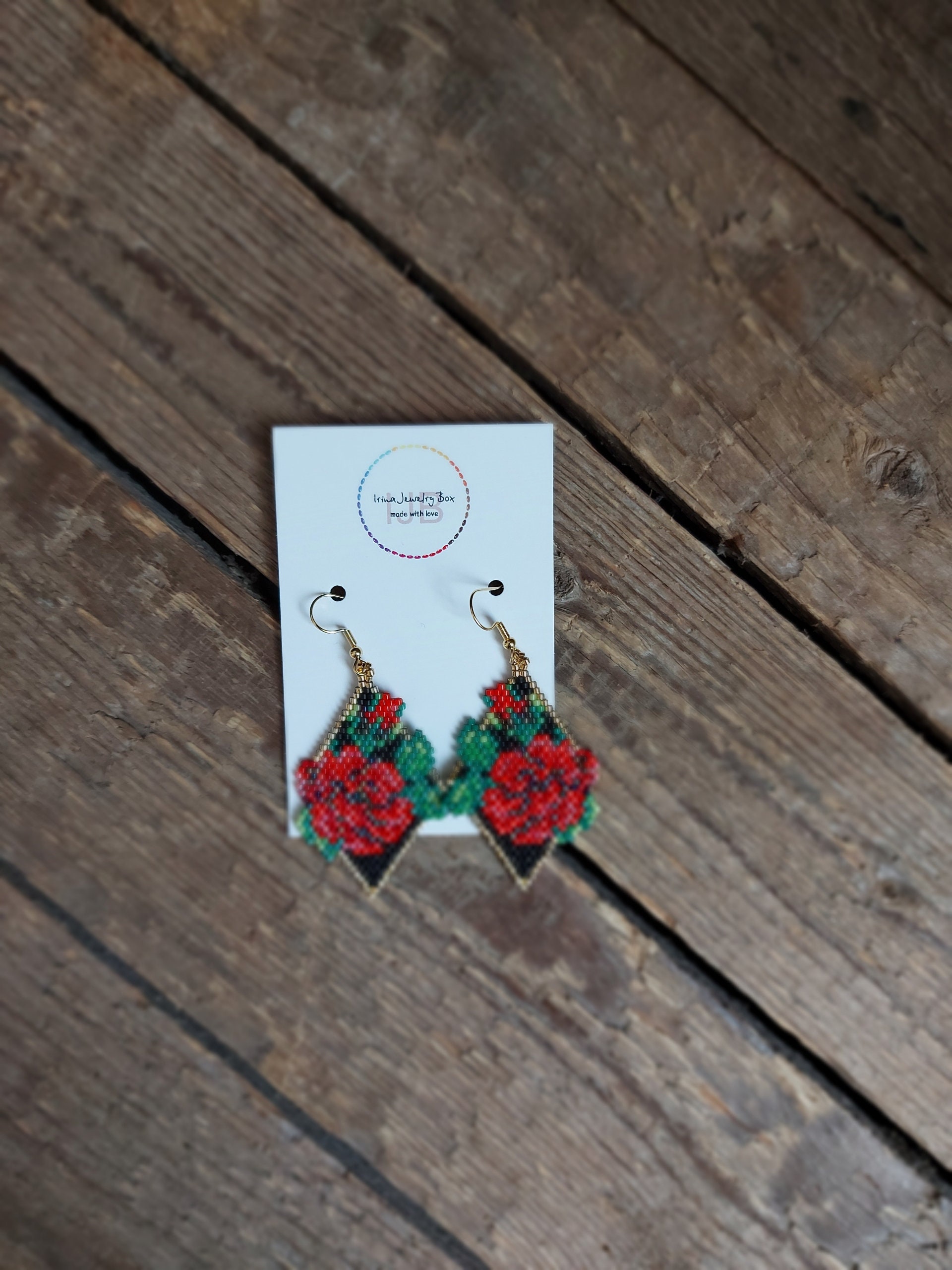 Red Rose Earrings From Tiny Beads,red Beaded Earrings,red/black/gold ...
