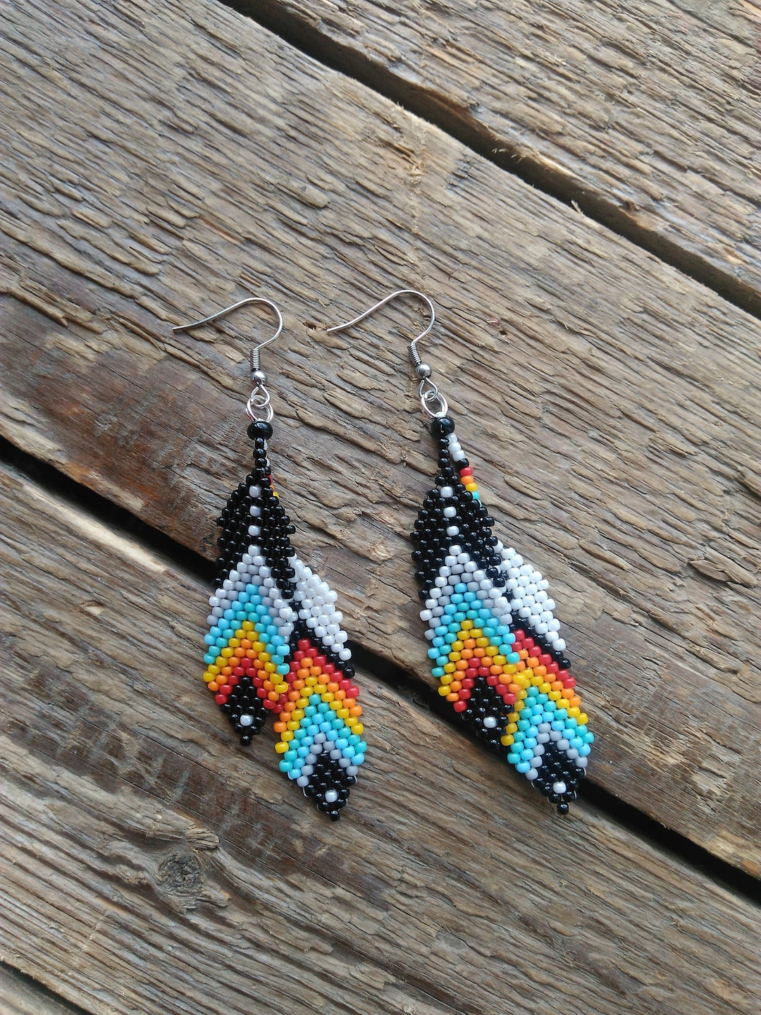 Double Feathers Beaded Earrings, Colorful Feather Dangle Seed Bead ...