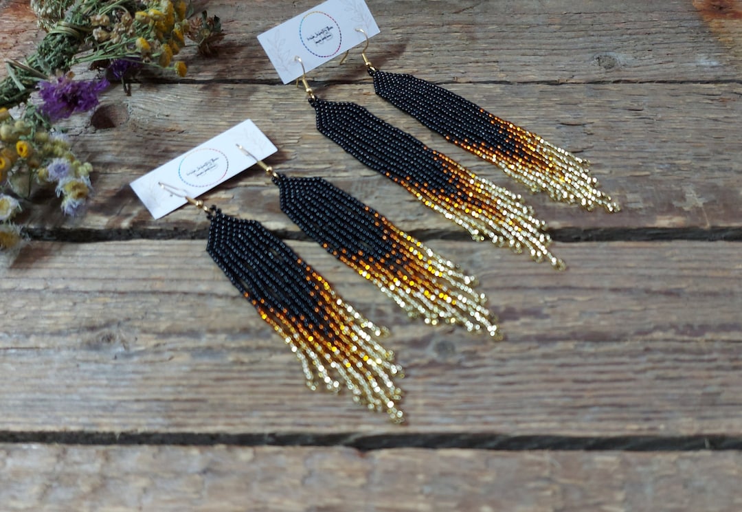 Black Gold Ombre Beaded Earrings: Long Fringe Bohemian Jewelry - Etsy