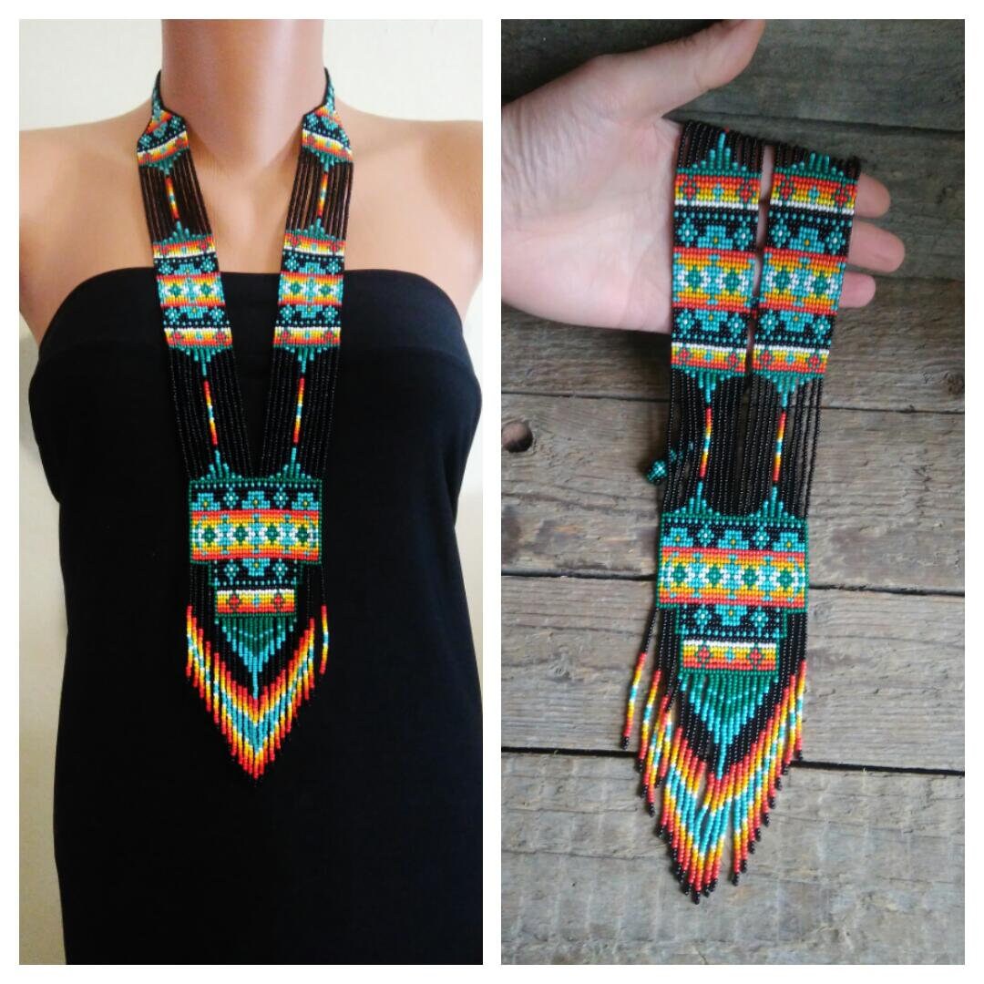 Tribal Ethnic Beaded Necklace Turquoise Green Seed Bead Necklace Long