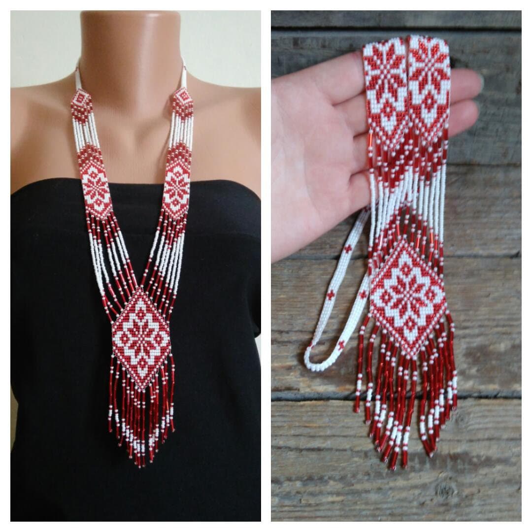 Red/white beads necklaceUkrainian beaded necklacelong seed | Etsy
