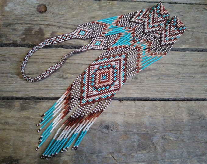 Turquoise Beaded Necklace, Long Seed Bead Necklace, Bead Loom Necklace ...