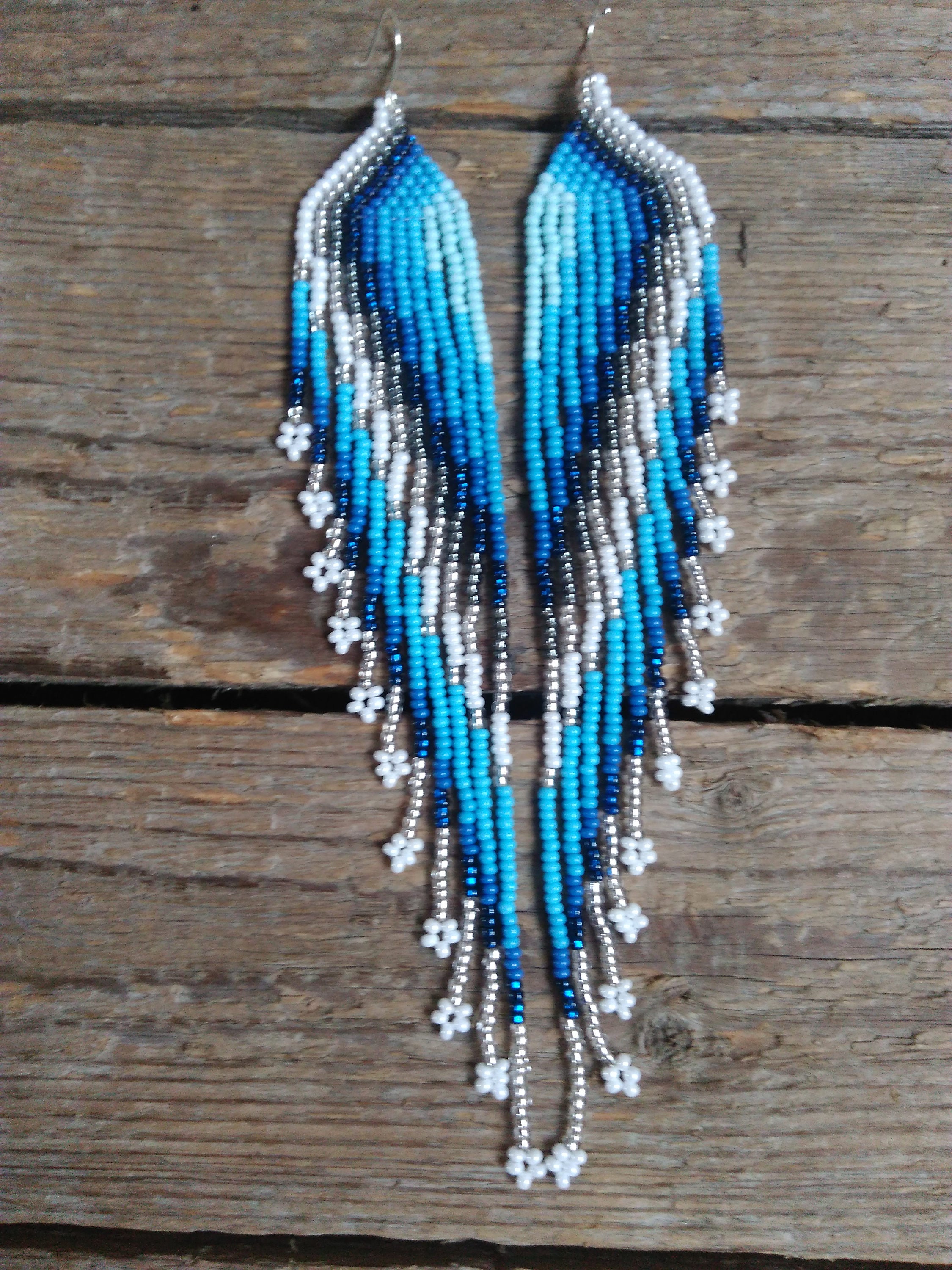 Blue Beaded Earrings Wings Seed Bead Earrings Long Beaded - Etsy