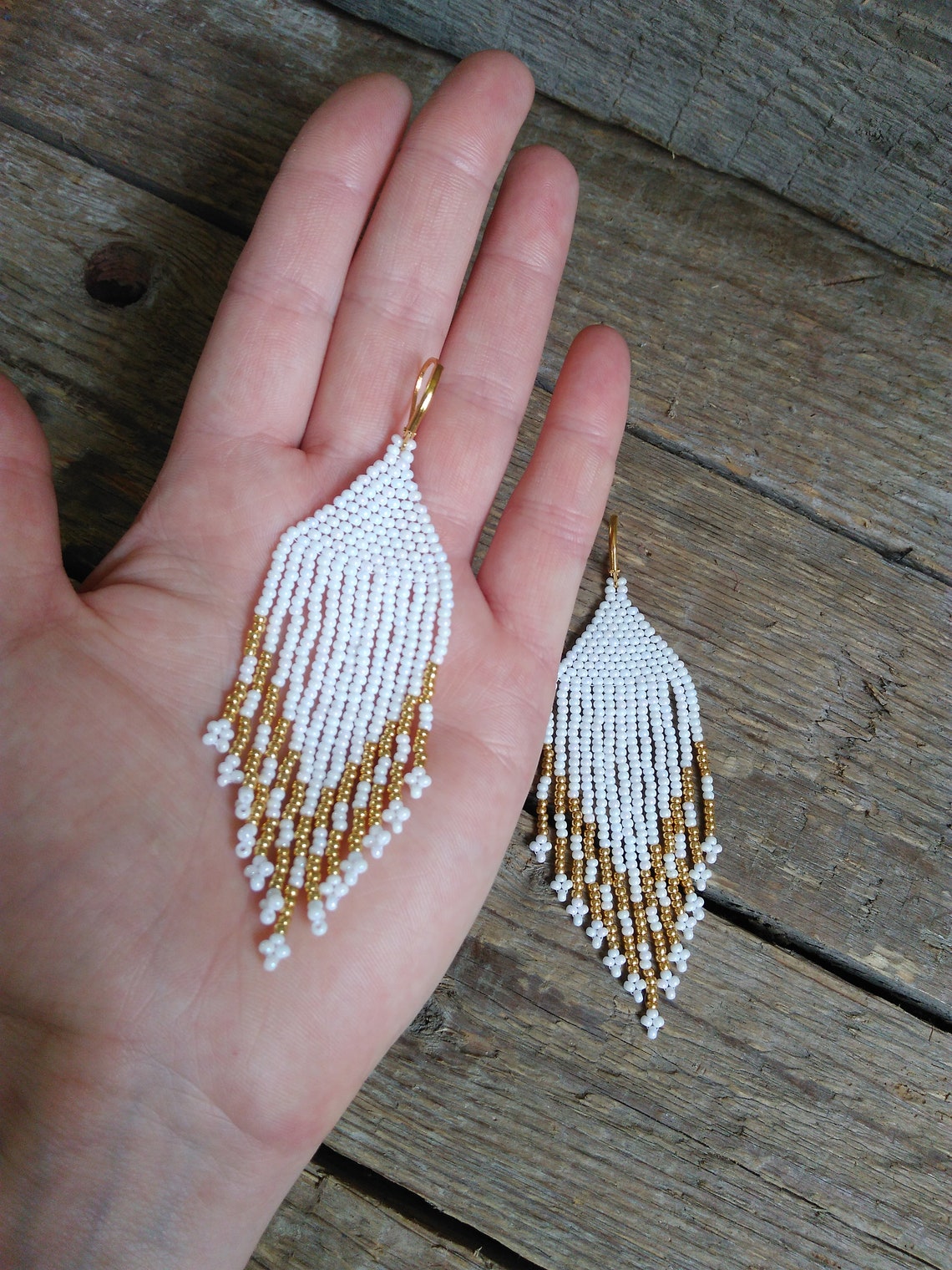 White Earringswhite and Gold Beaded Earringsseed Beads - Etsy