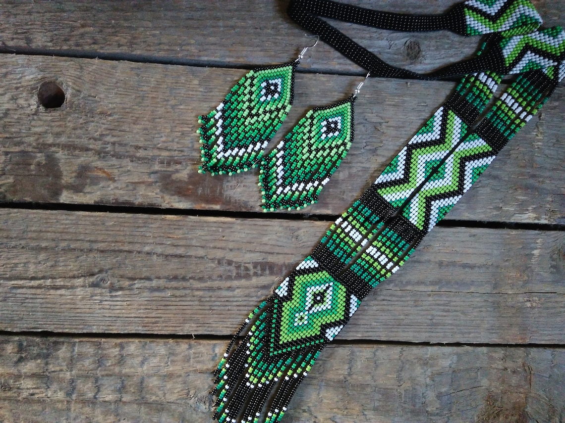 Green Long Seed Bead Necklace Beaded Necklace Bead Loom - Etsy