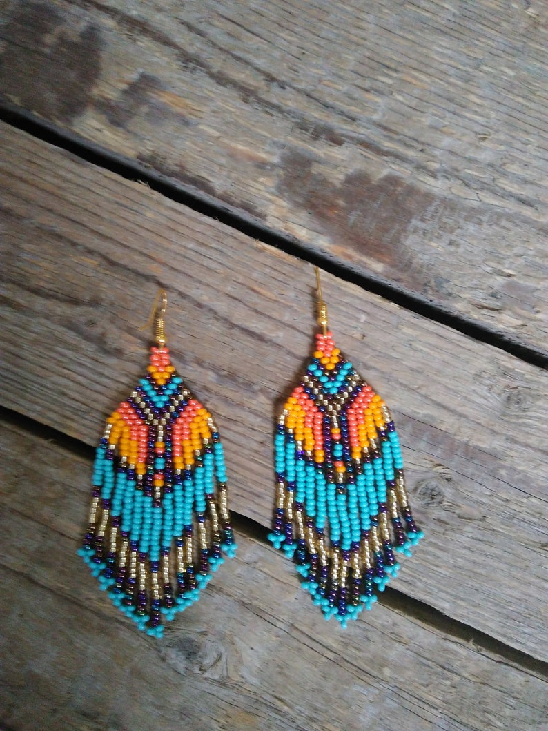 Turquoise Beaded Earringsethnic Seed Bead Earringsdangling - Etsy