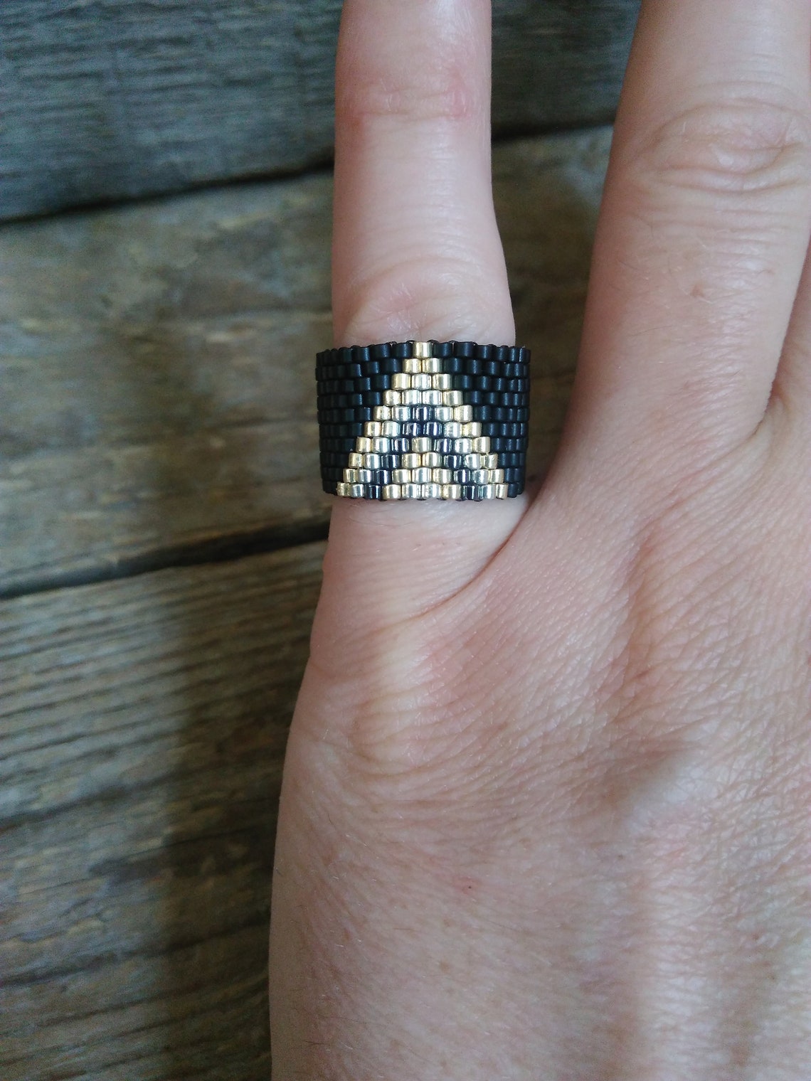 Black Beaded Ring Bandgeometric Seed Beads Ringmodern Ring - Etsy