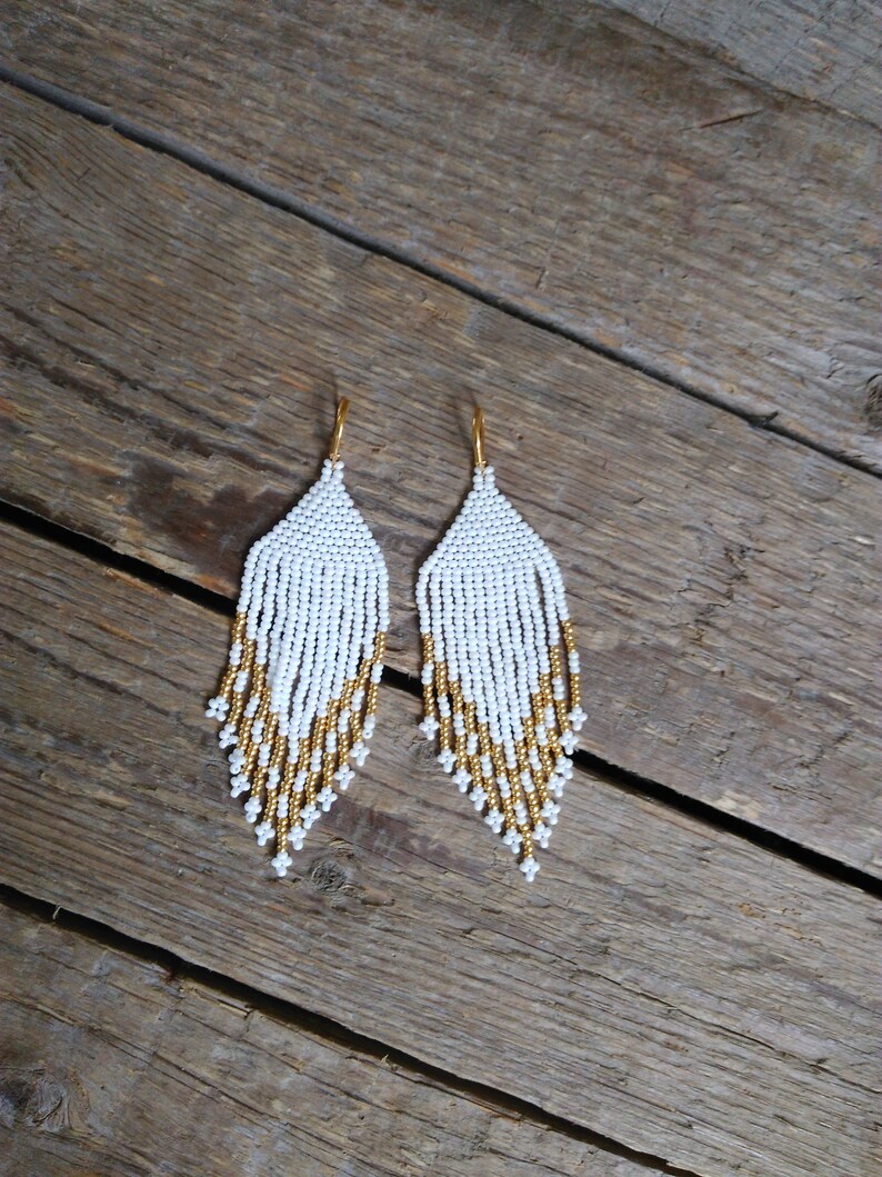 White Earringswhite and Gold Beaded Earringsseed Beads - Etsy