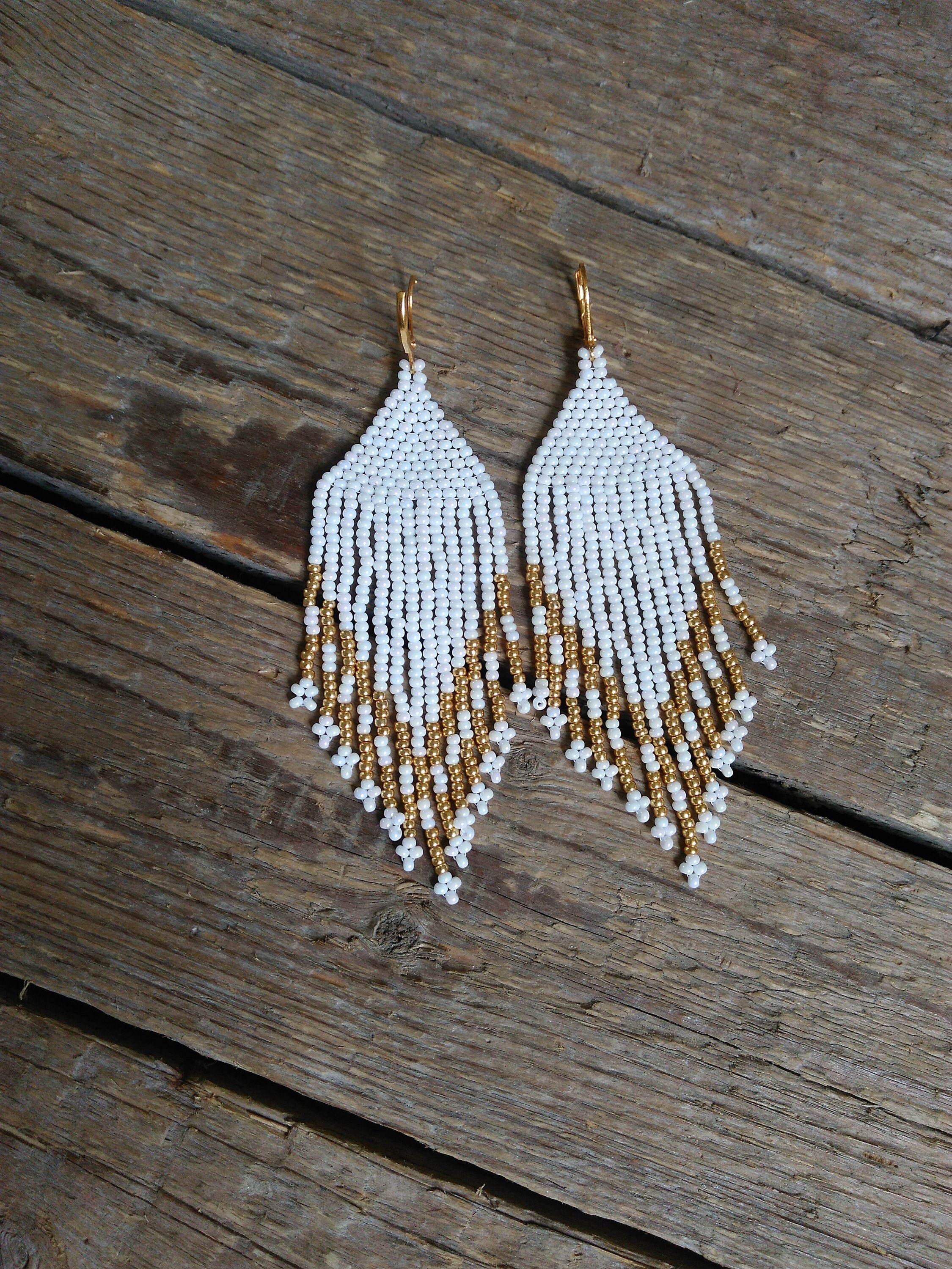 White earringsWhite and gold beaded earringsSeed beads | Etsy